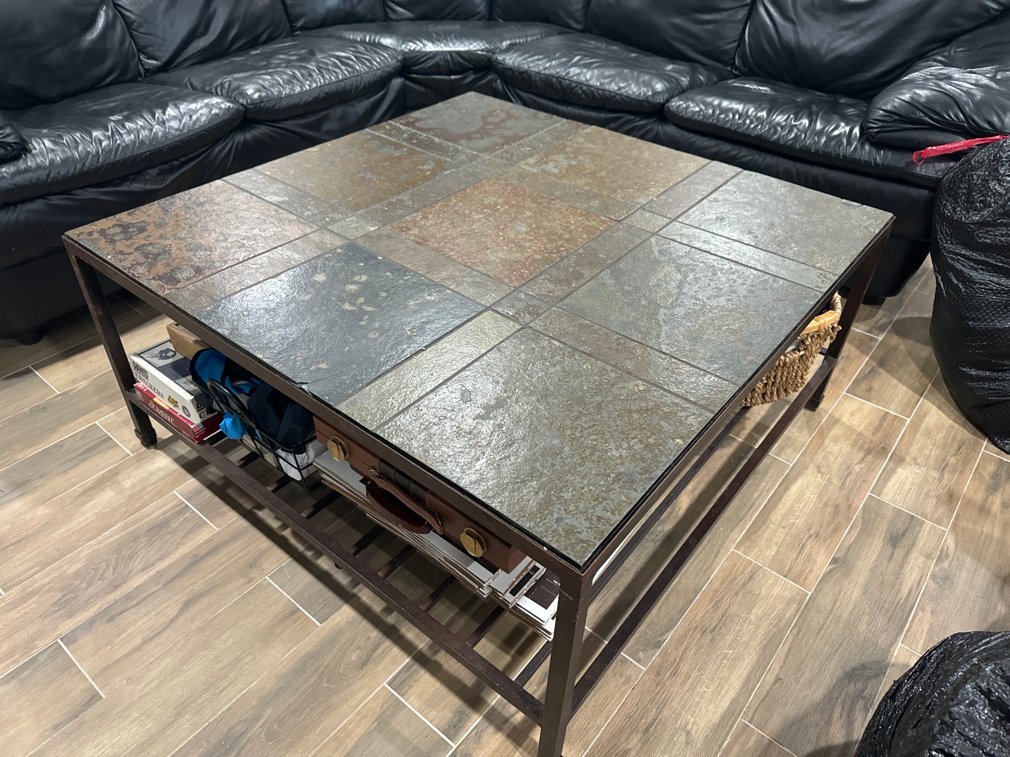 Square Slate Tile Coffee Table With Metal Frame And Storage Shelf ...