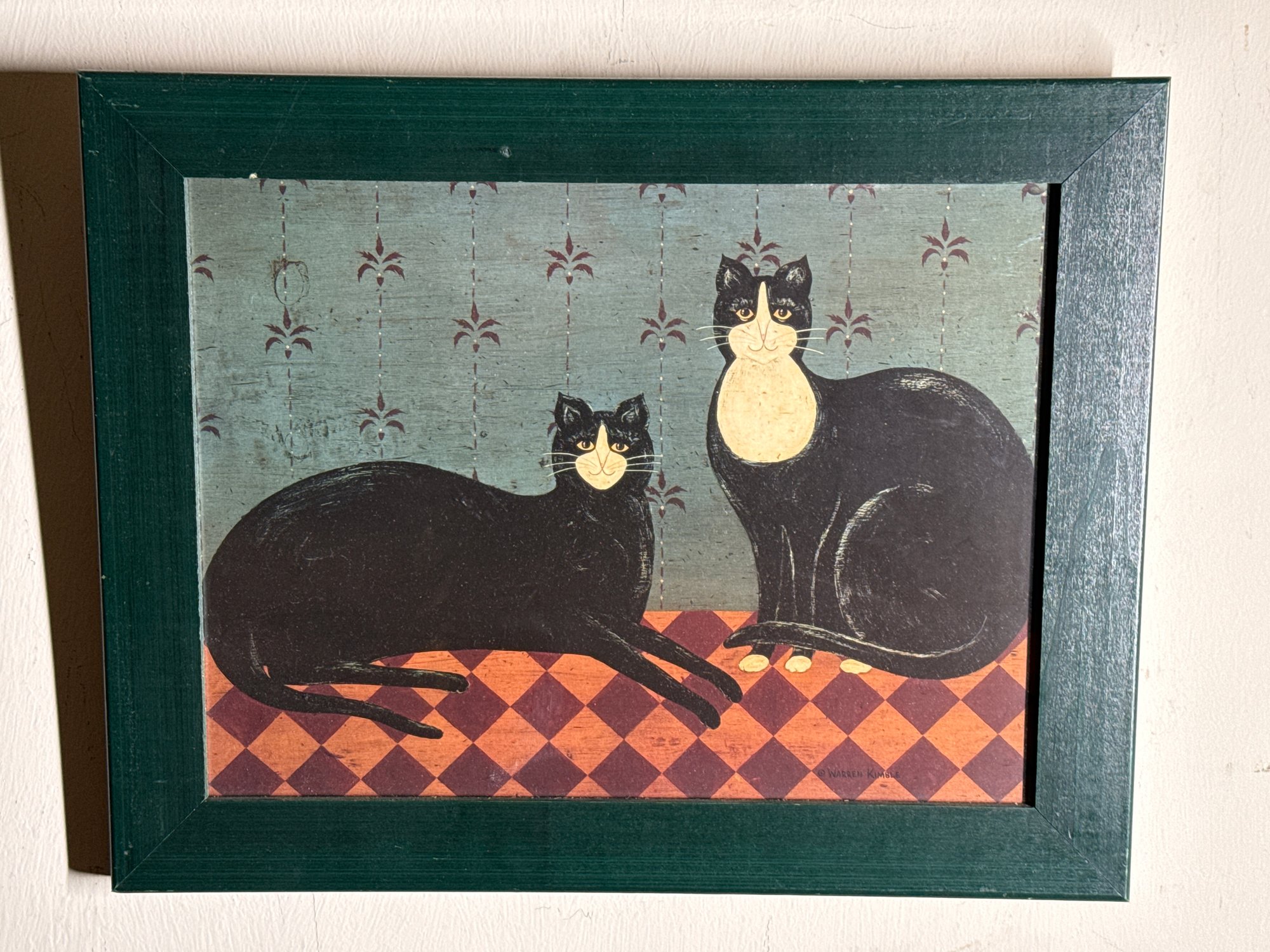 Warren Kimble Framed Folk Art Print Two Black Cats On Rug Mounted On ...