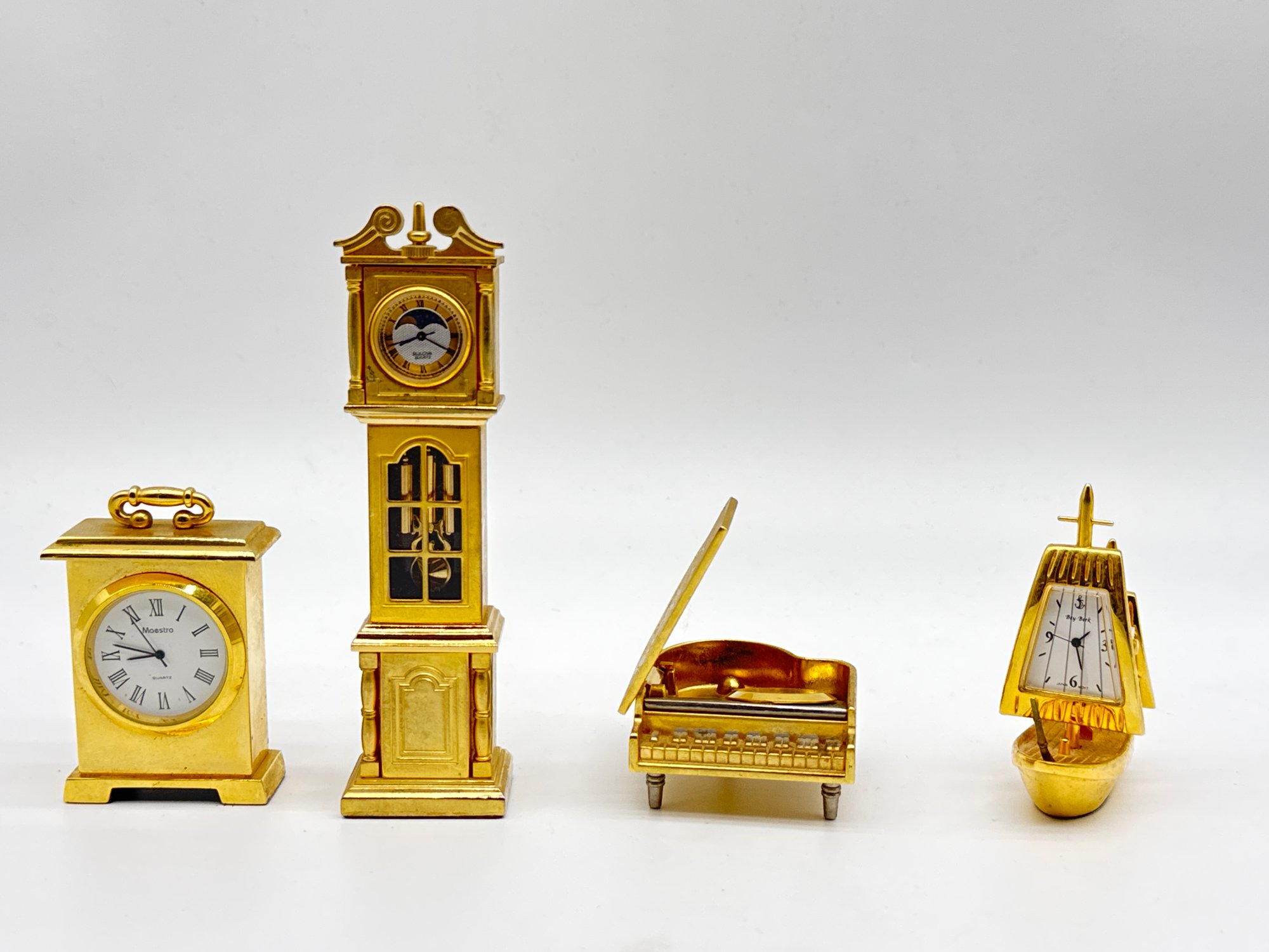 4 Vintage Miniature Novelty Clocks Bulova Grandfather, Piano, Sailboat ...