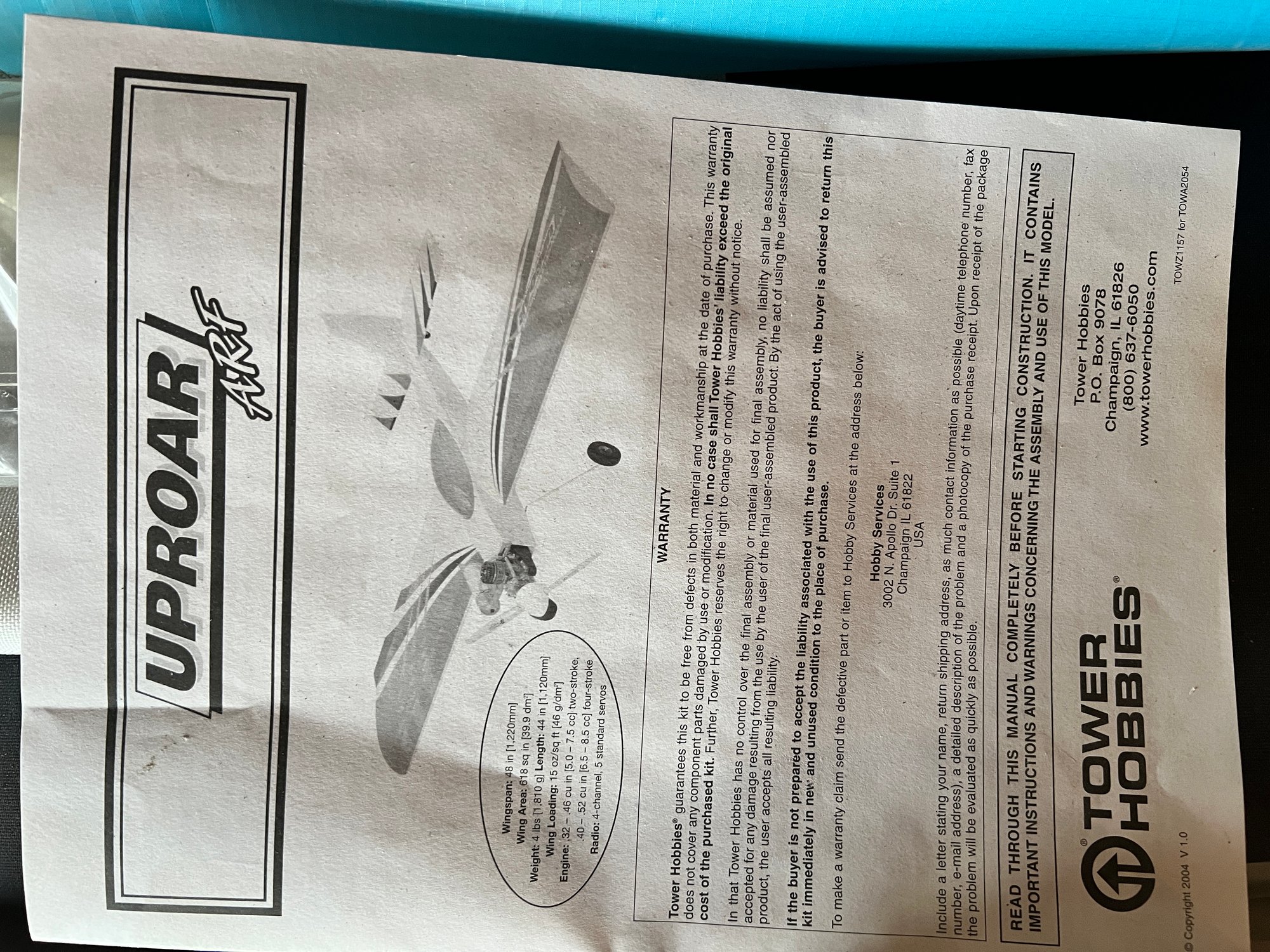 Tower Hobbies UPROAR ARF Model Plane Kit - Opened #1033 | Auctionninja.com