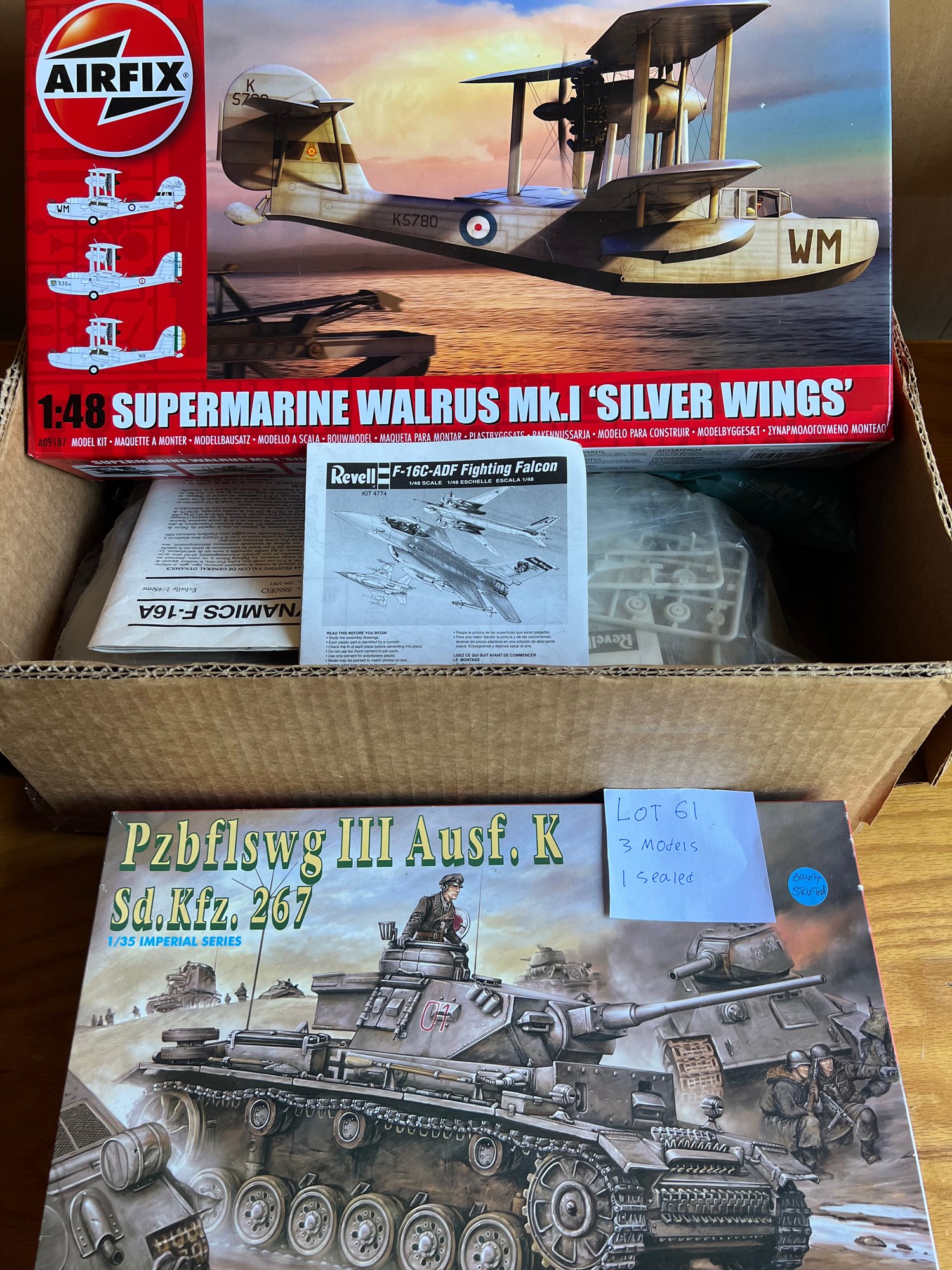 3 Models: Airfix Supermarine Walrus Mk.I 1:48, Revell F-16C-ADF, PzKpfw ...