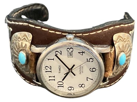 Timex Watch With Leather And Sterling Silver Cuff Band & Turquoise ...