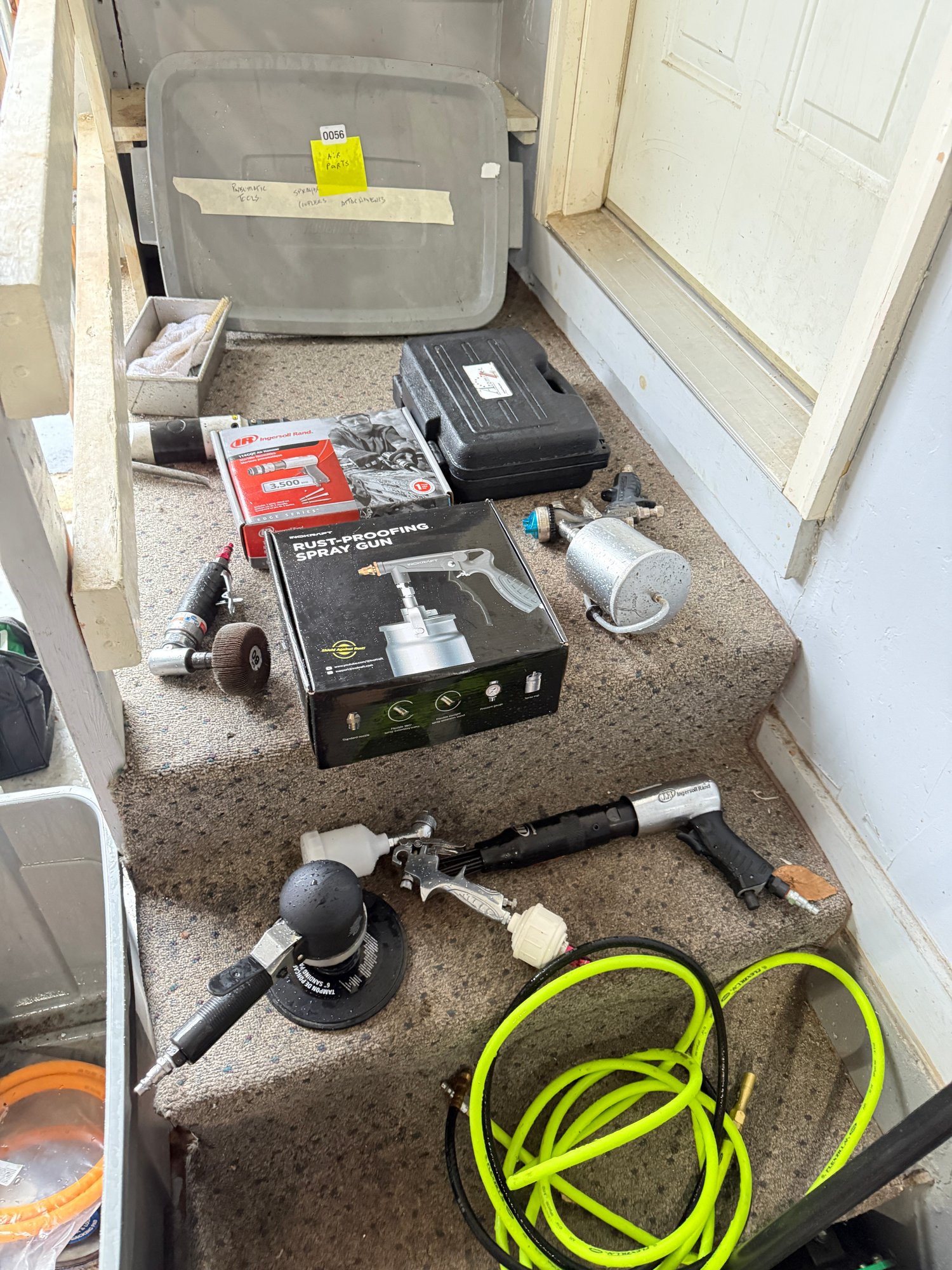 056 - LOT OF TOOLS - INCLUDES RUST PROOFING SPRAY GUN - AIR HAMMER AND ...