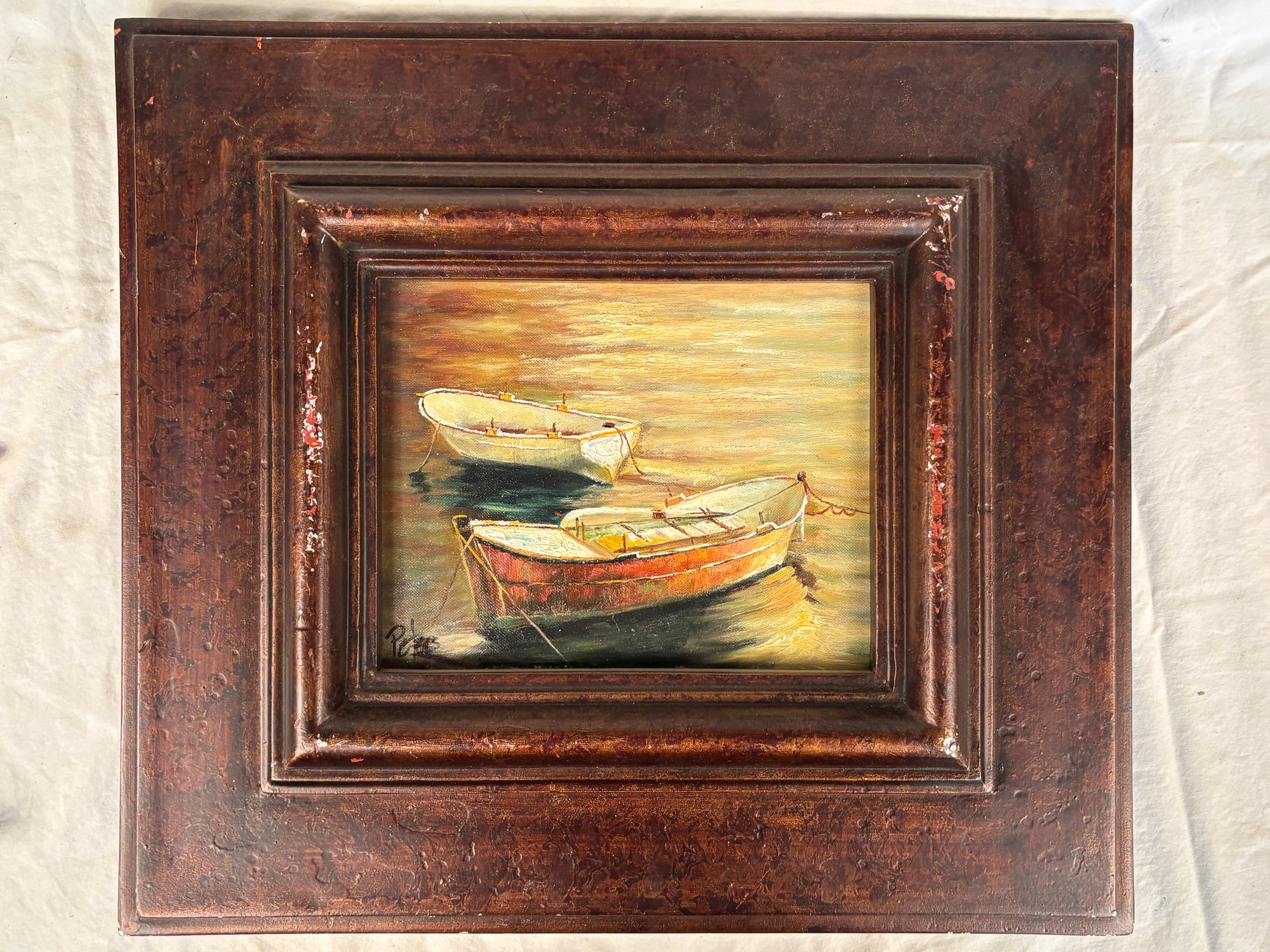 Vintage Framed Expressionist Fishing Boat Oil Painting By Peters #16752 ...