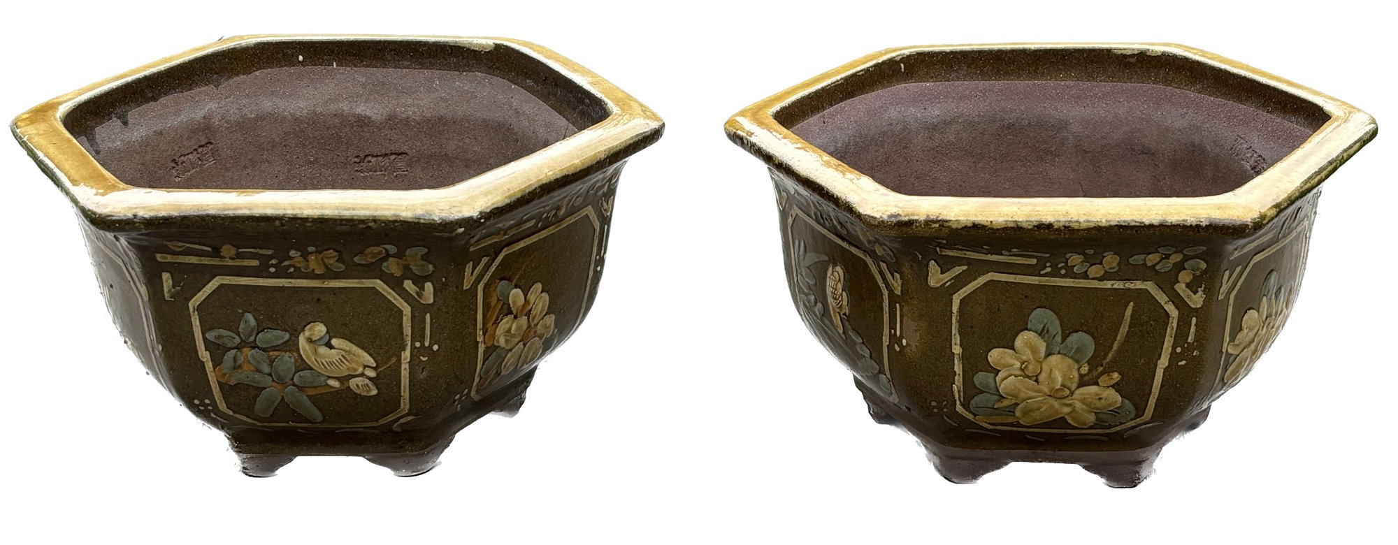 Pair Of Vintage Chinese Hexagon Glazed Pots/Jardinieres #13908 ...