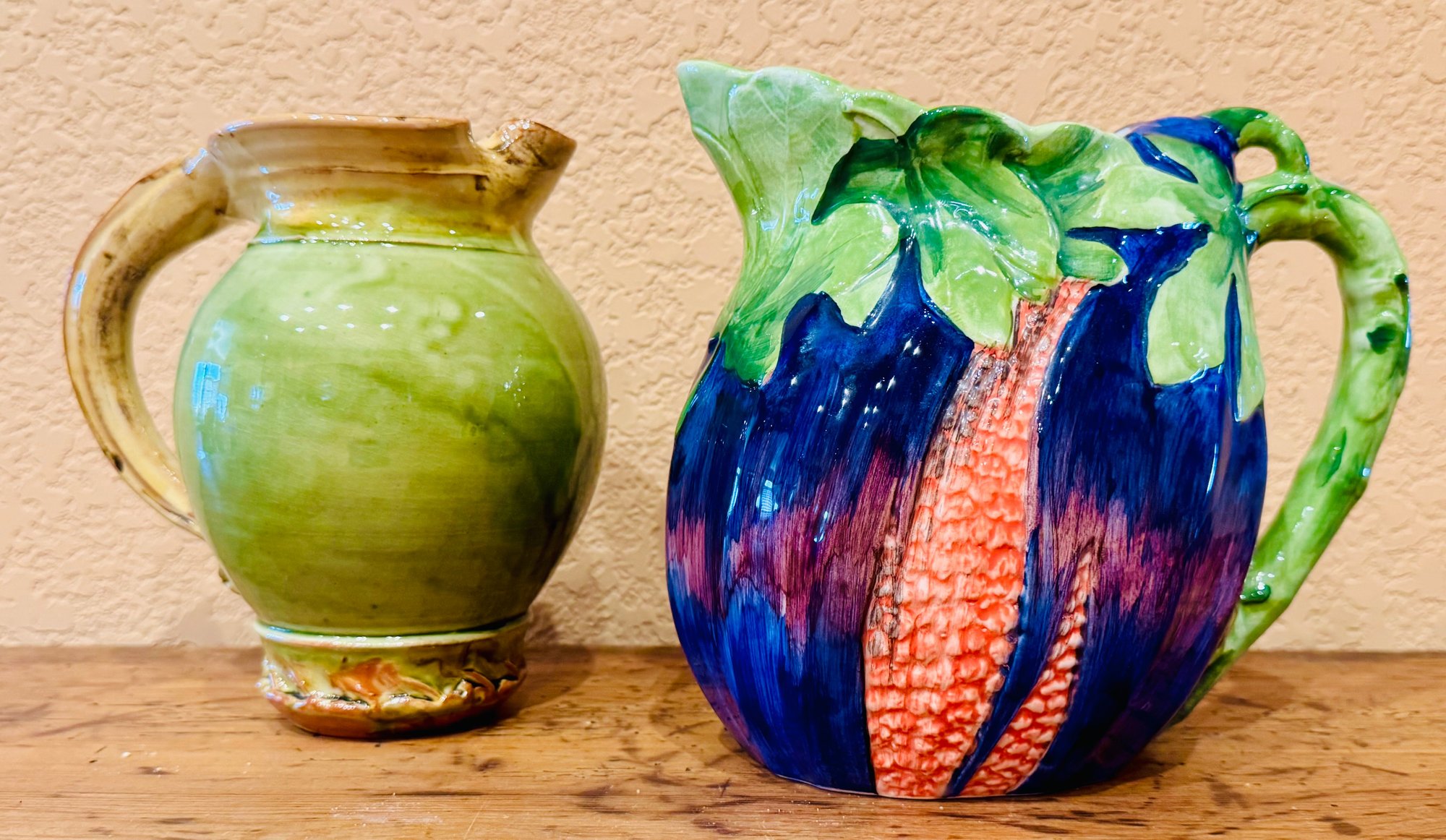 Pair Of Pitchers With Eggplant Majolica Pitcher #239295 | Auctionninja.com