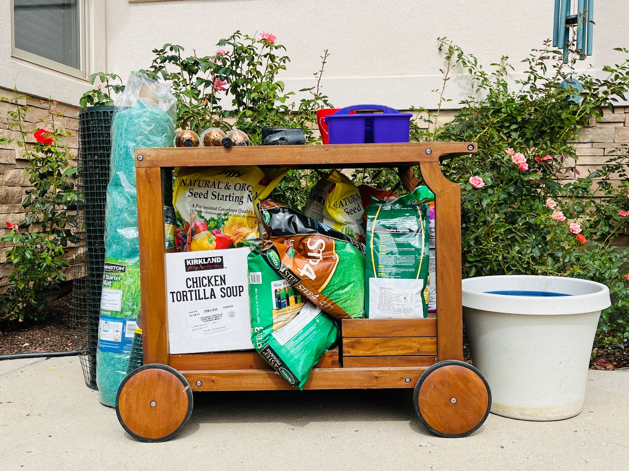 Large Wooden Mobile Garden Cart With Various Bags Of Soil, Lights, Pots ...