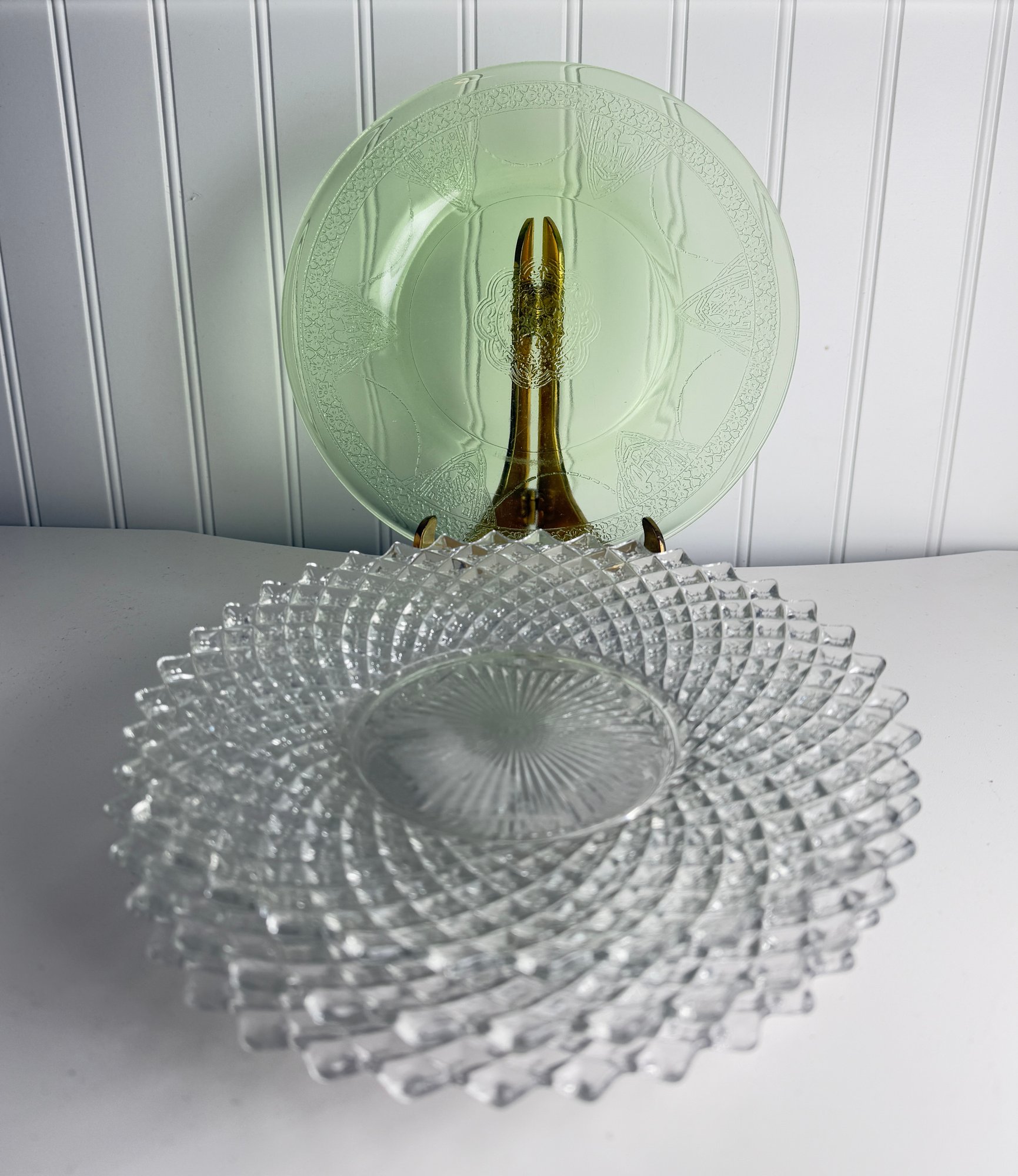 Set Of 3 Clear Miss America Side Plates And Green Depression Glass ...