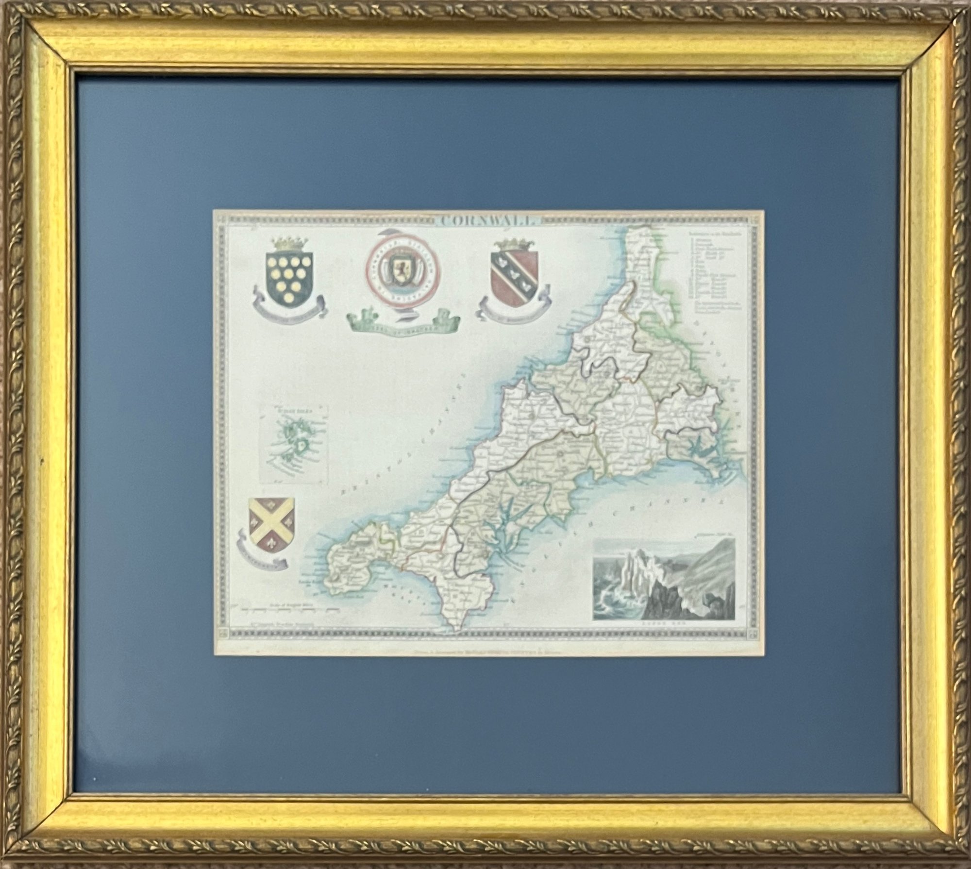 1837 - Hand Colored Map Of Cornwall, T. Moule, Steel Engraving - Framed ...