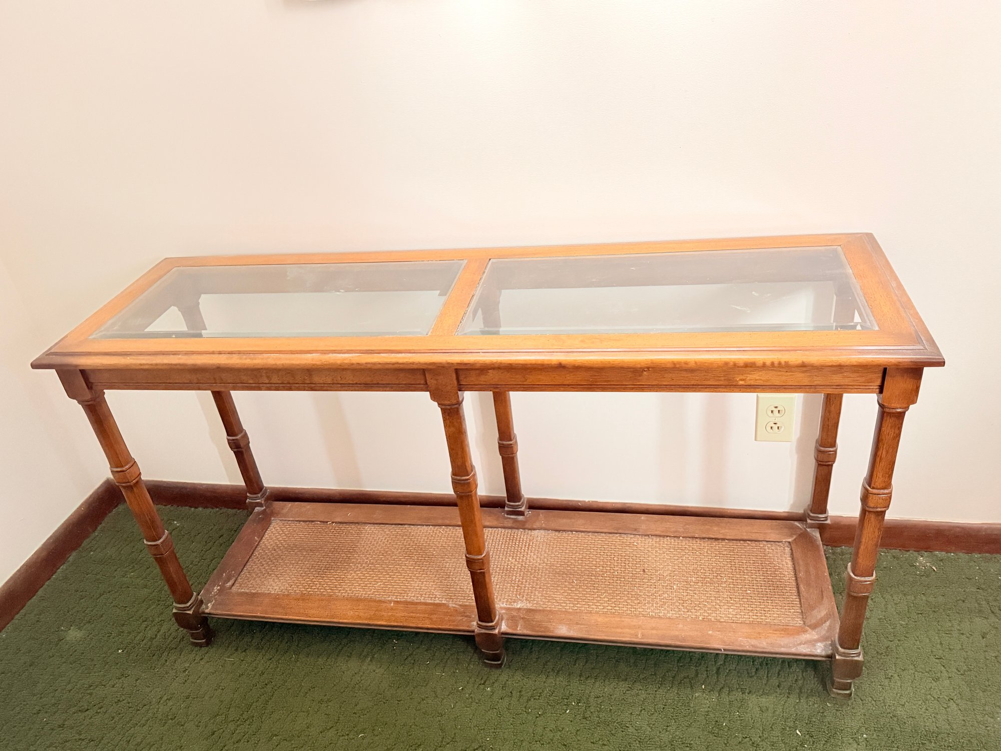 Vintage Two Tier Faux Bamboo Console Table With Rattan Bottom And Glass Tops #244512 ...