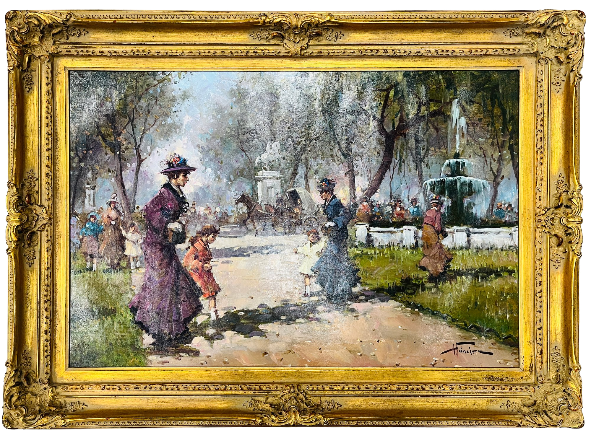 Women In The Park, Signed Print On Canvas, In Gilt Gold Frame By ...