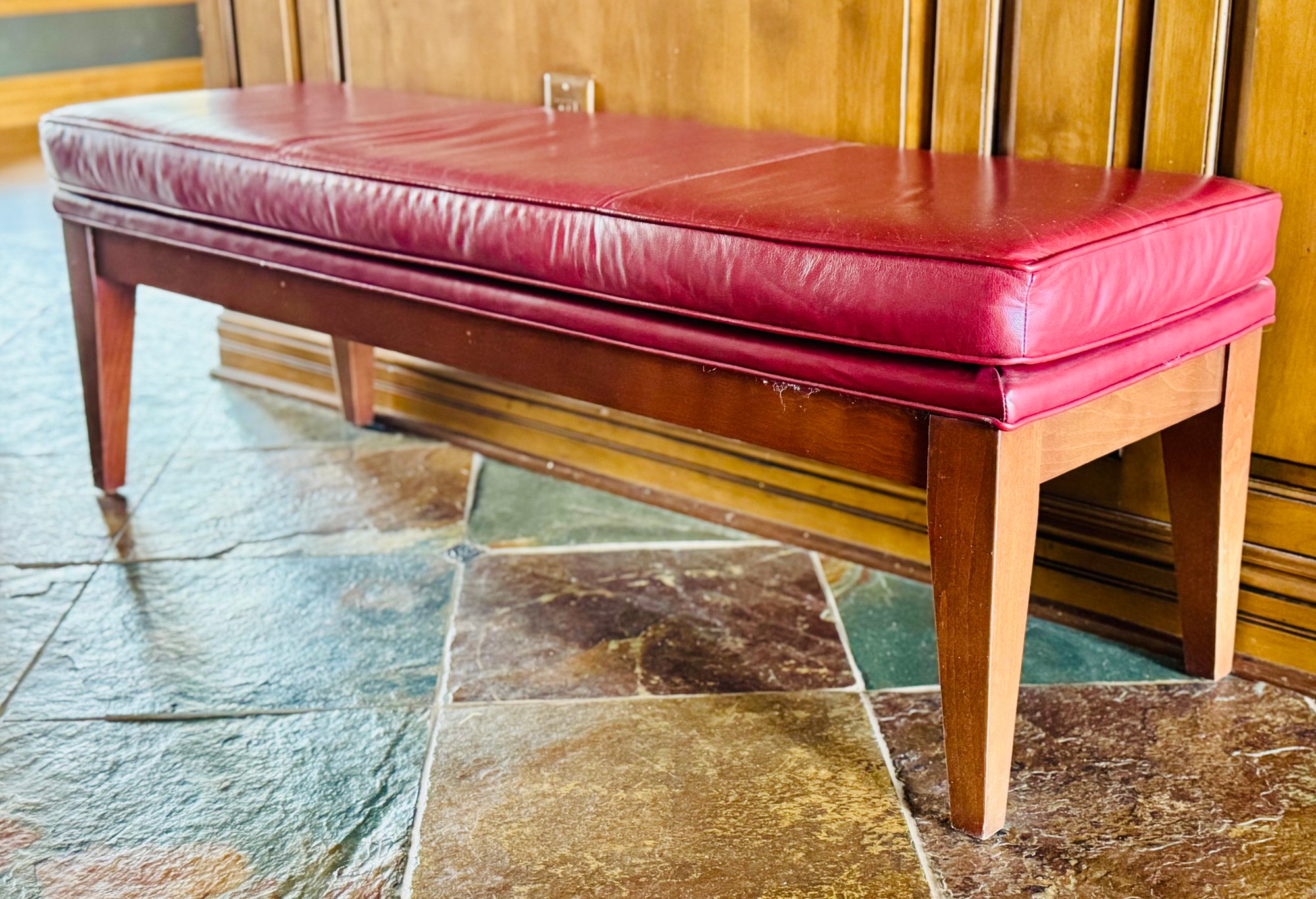 Ethan Allen Red Leather Upholstered Bench #217353 | Auctionninja.com