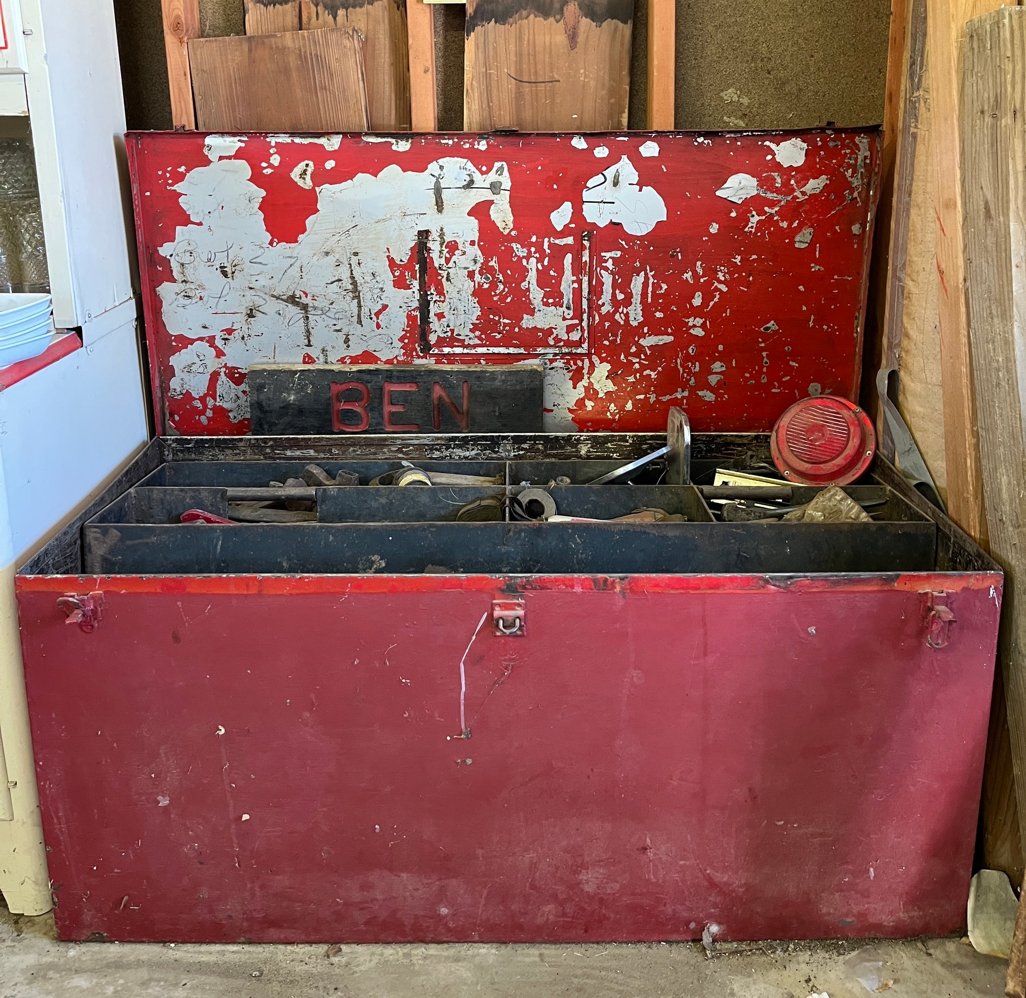 Red Metal Standing Tool Chest With Hinged Lid Full Of Vintage Tools ...