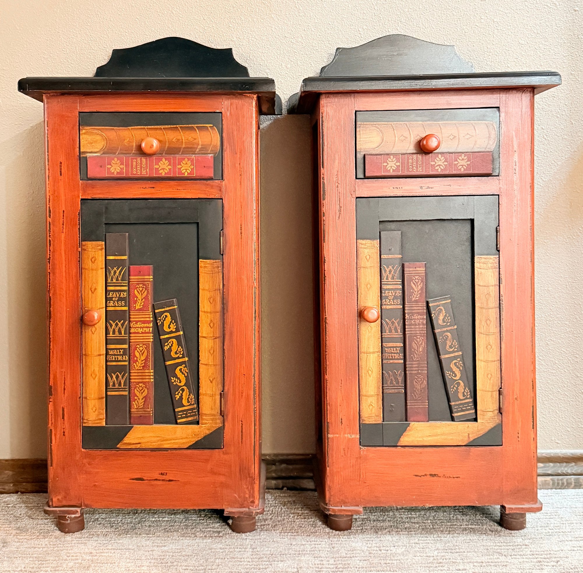 Pair Of Book Themed Wood Cabinets #248558 | Auctionninja.com