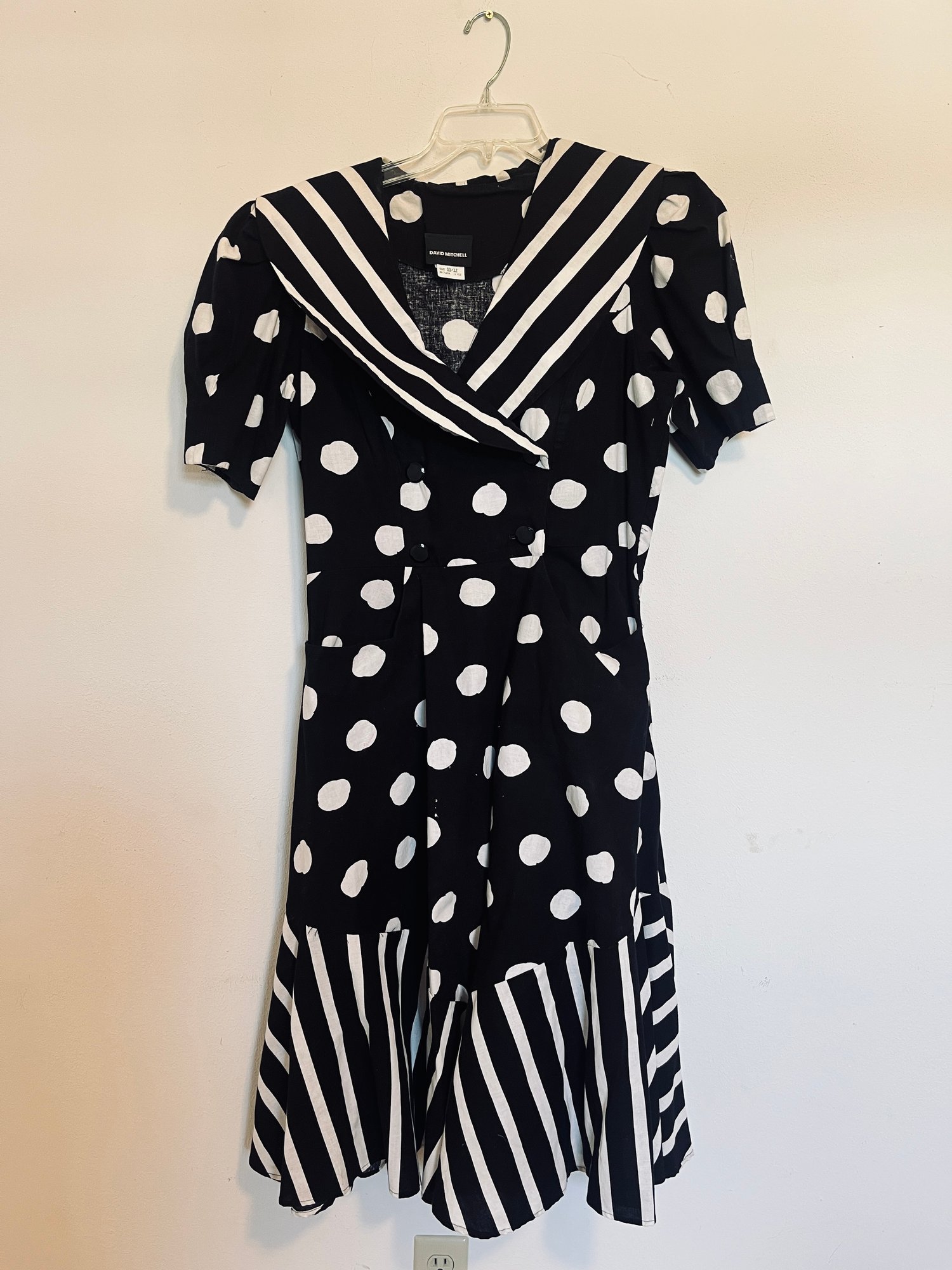 1980s David Mitchell Wrap Dress - Black And White Polka Dot Midi Stripe ...