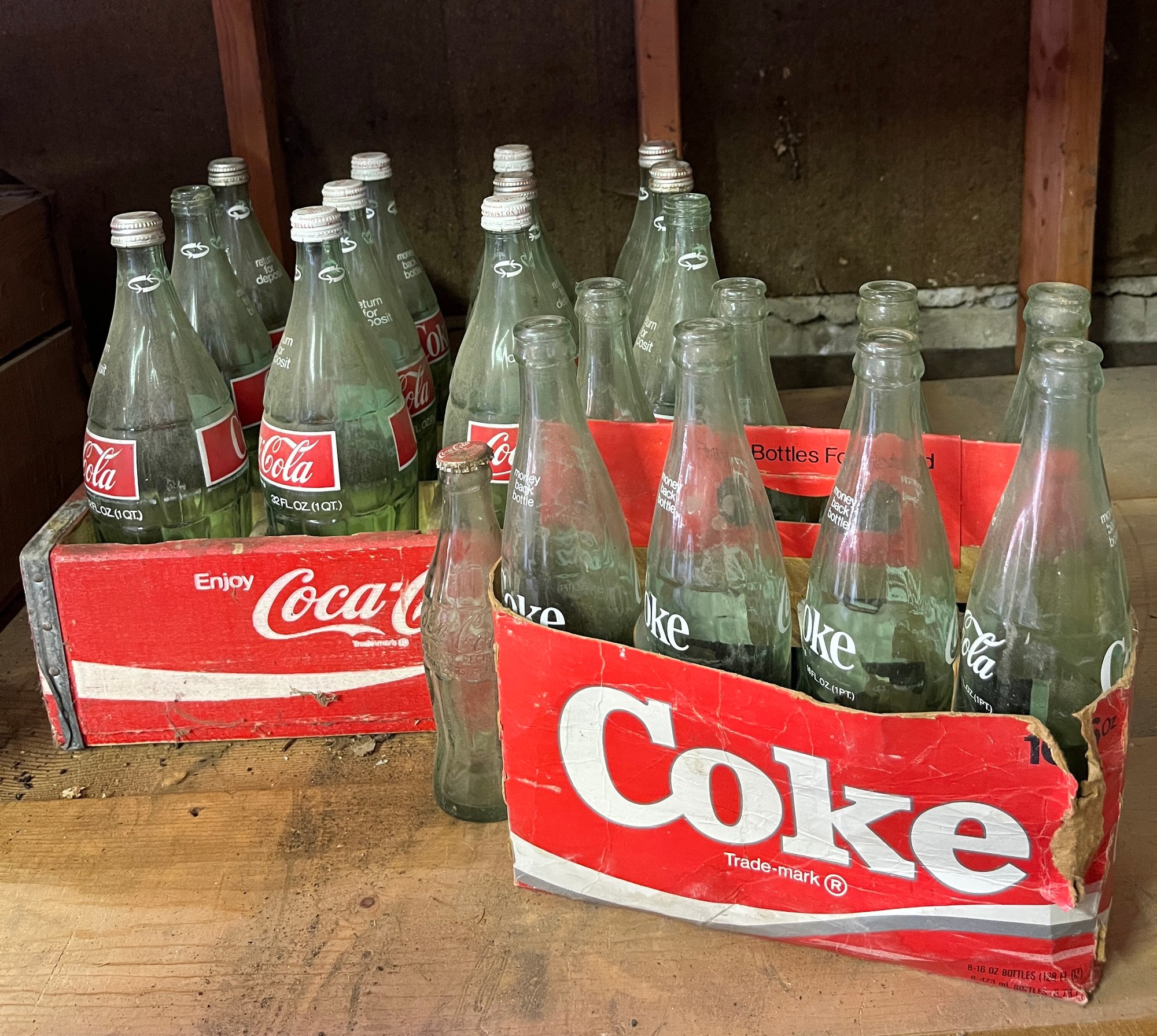 Assorted Vintage Coke Bottles - One 8 Pc Set , One 12 Pc Set In Wood ...