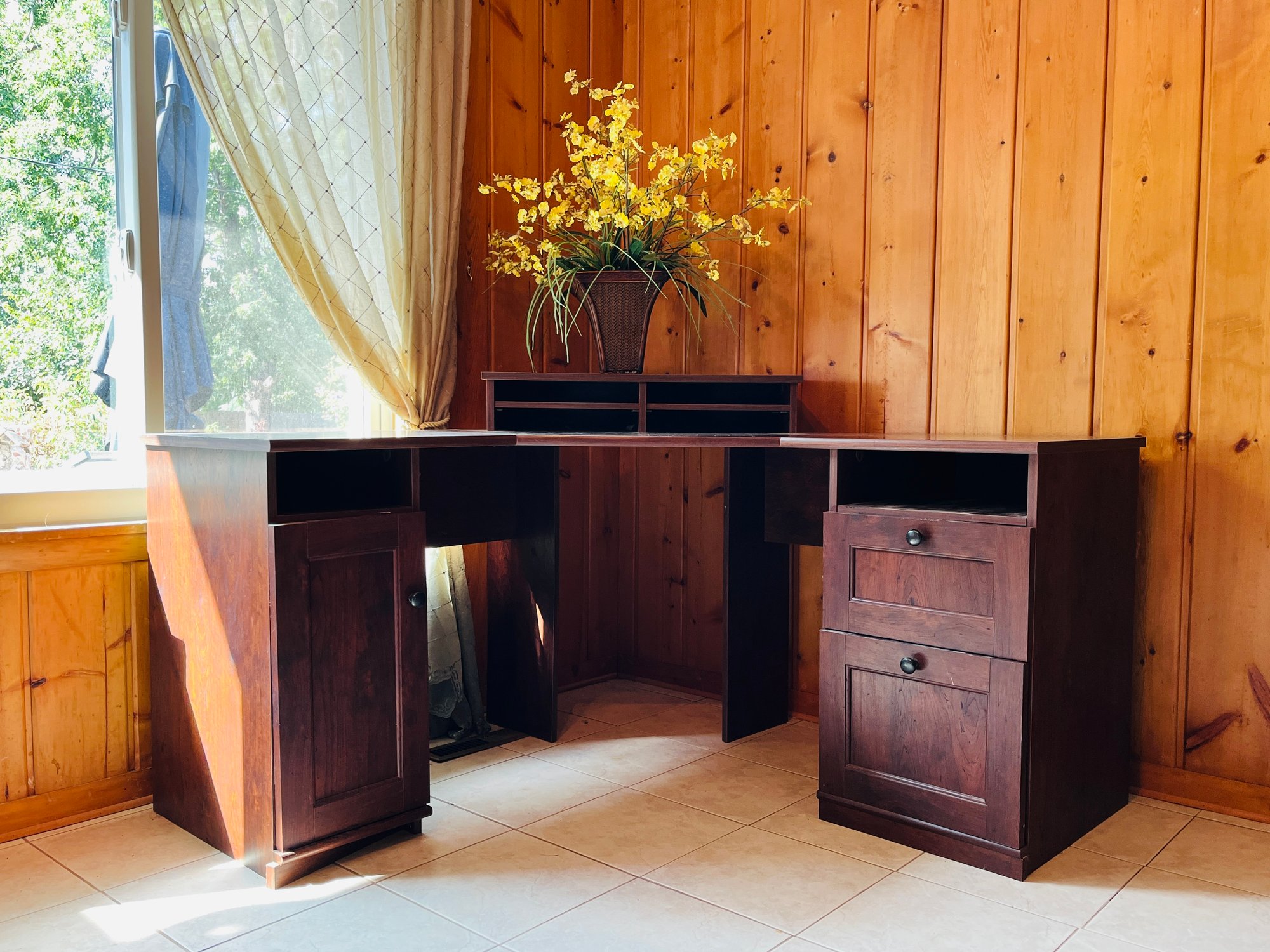 Dark Wood Corner Desk With Monitor Stand And Storage #203907 ...