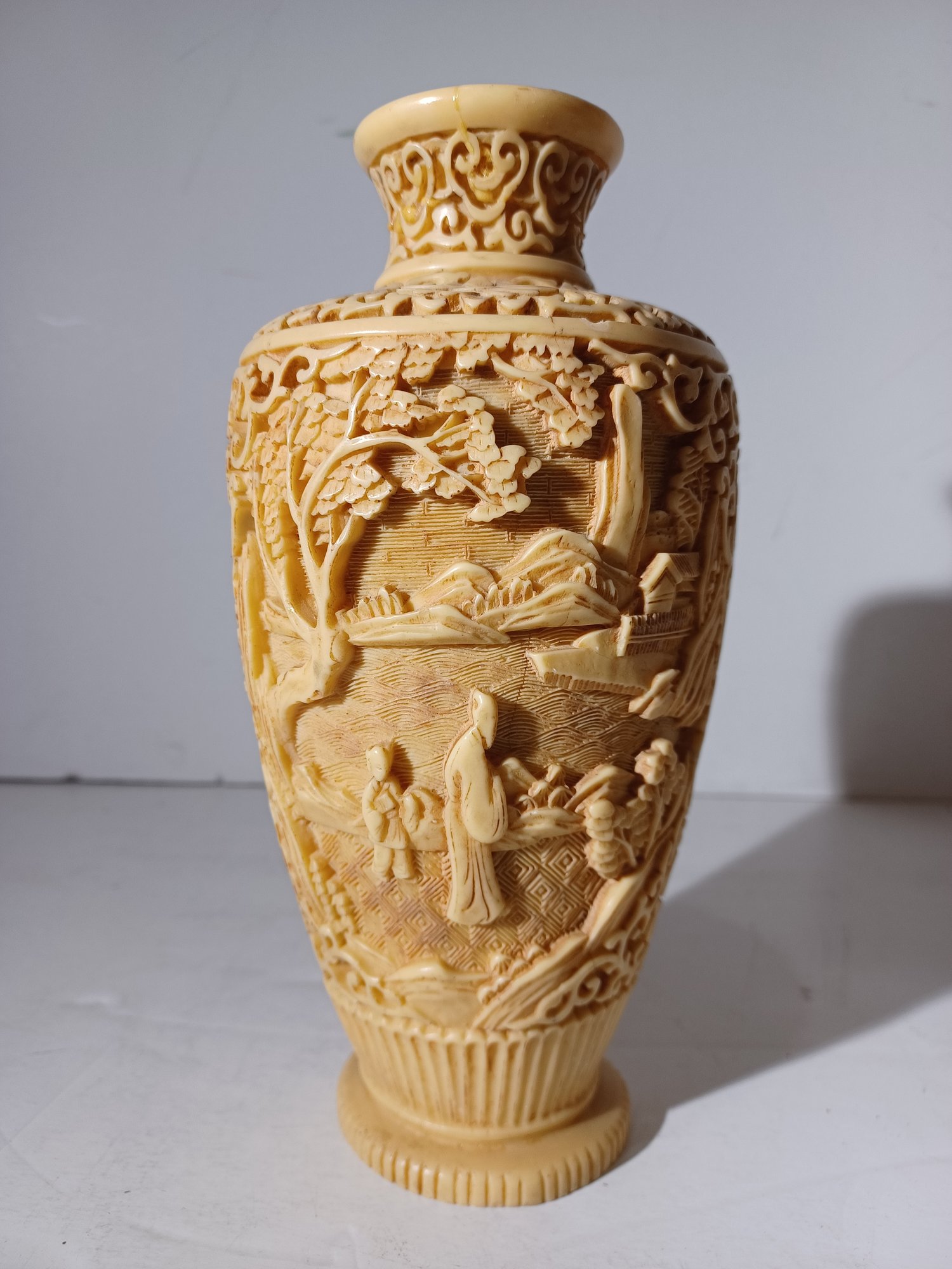 Vintage Chinese Hand Carved Relief Vase Faux Bone Ivorine Intricately ...
