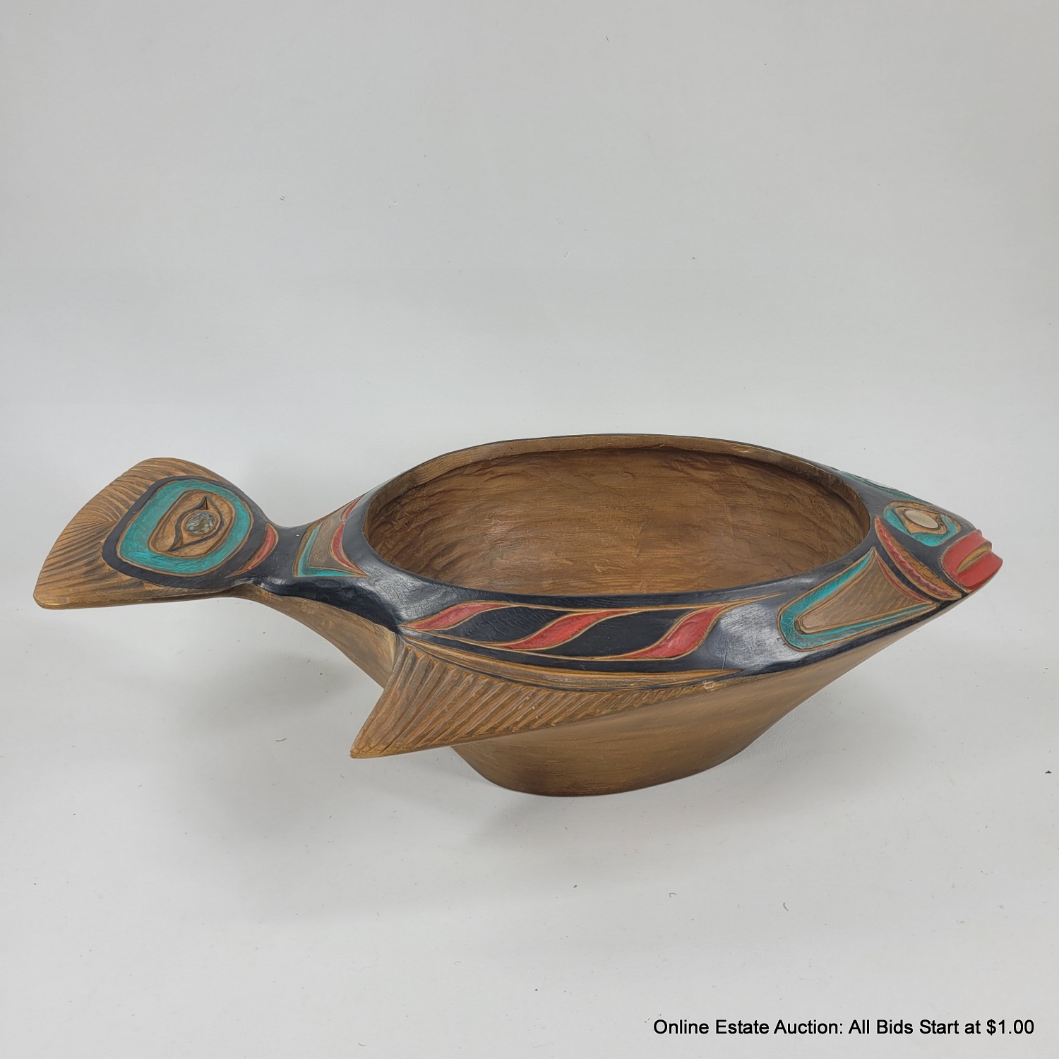 Haida Little Coyote Halibut Carved Cedar Wood Bowl With Abalone Details ...
