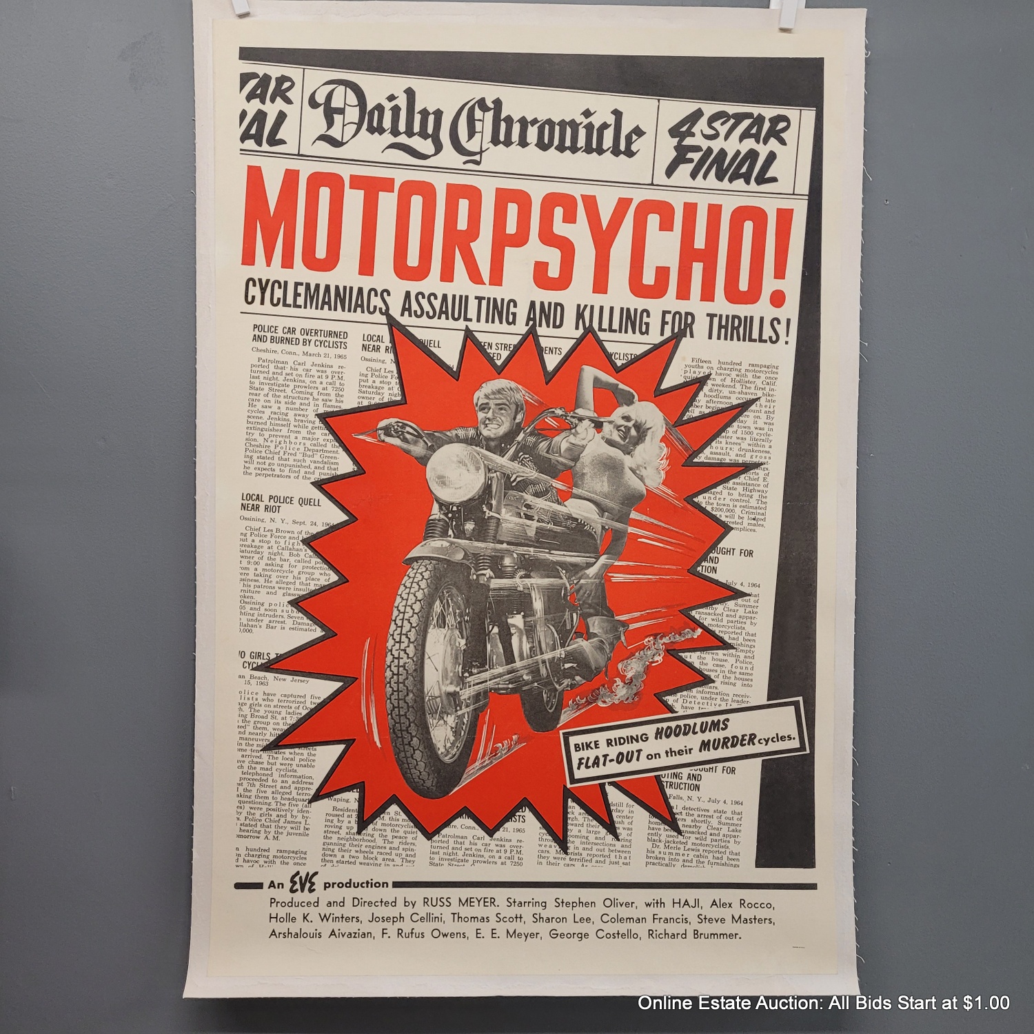 Vintage Movie Poster, Motorpsycho, 1965, Linen Backed 27" X 41" #31613 ...