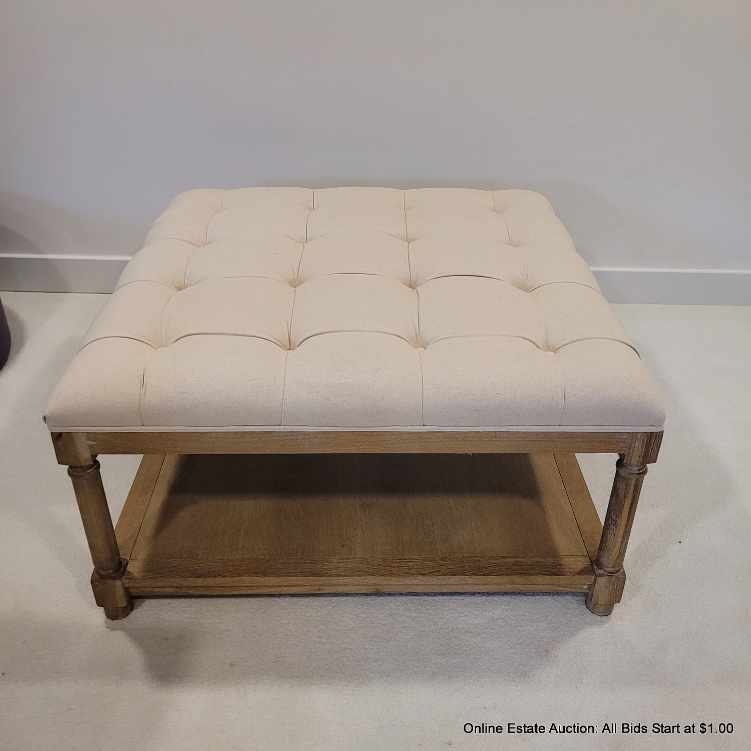 Ballard Design Wood And Tufted Linen Ottoman Table With Stretcher Shelf ...