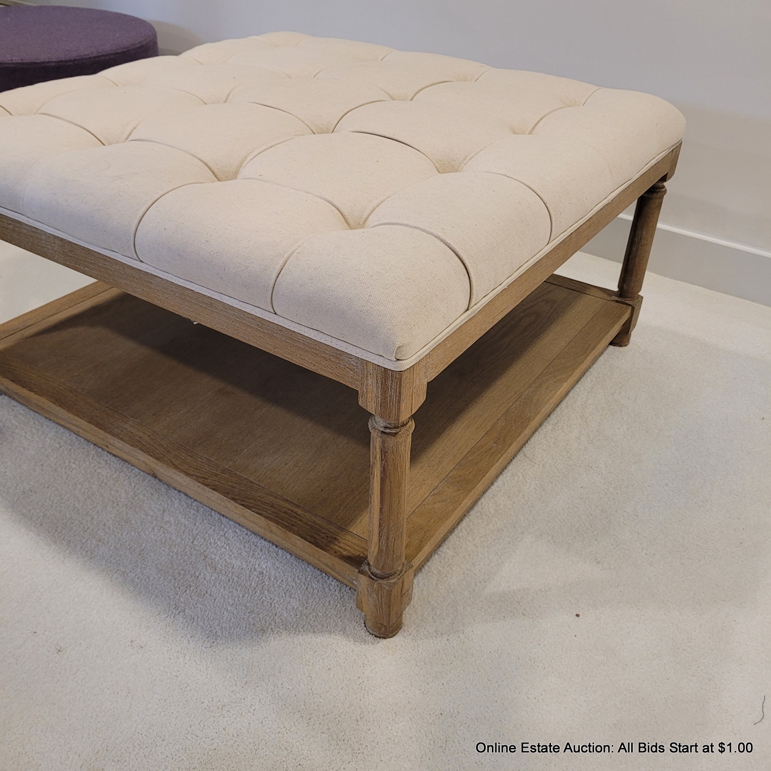 Ballard Design Wood And Tufted Linen Ottoman Table With Stretcher Shelf ...