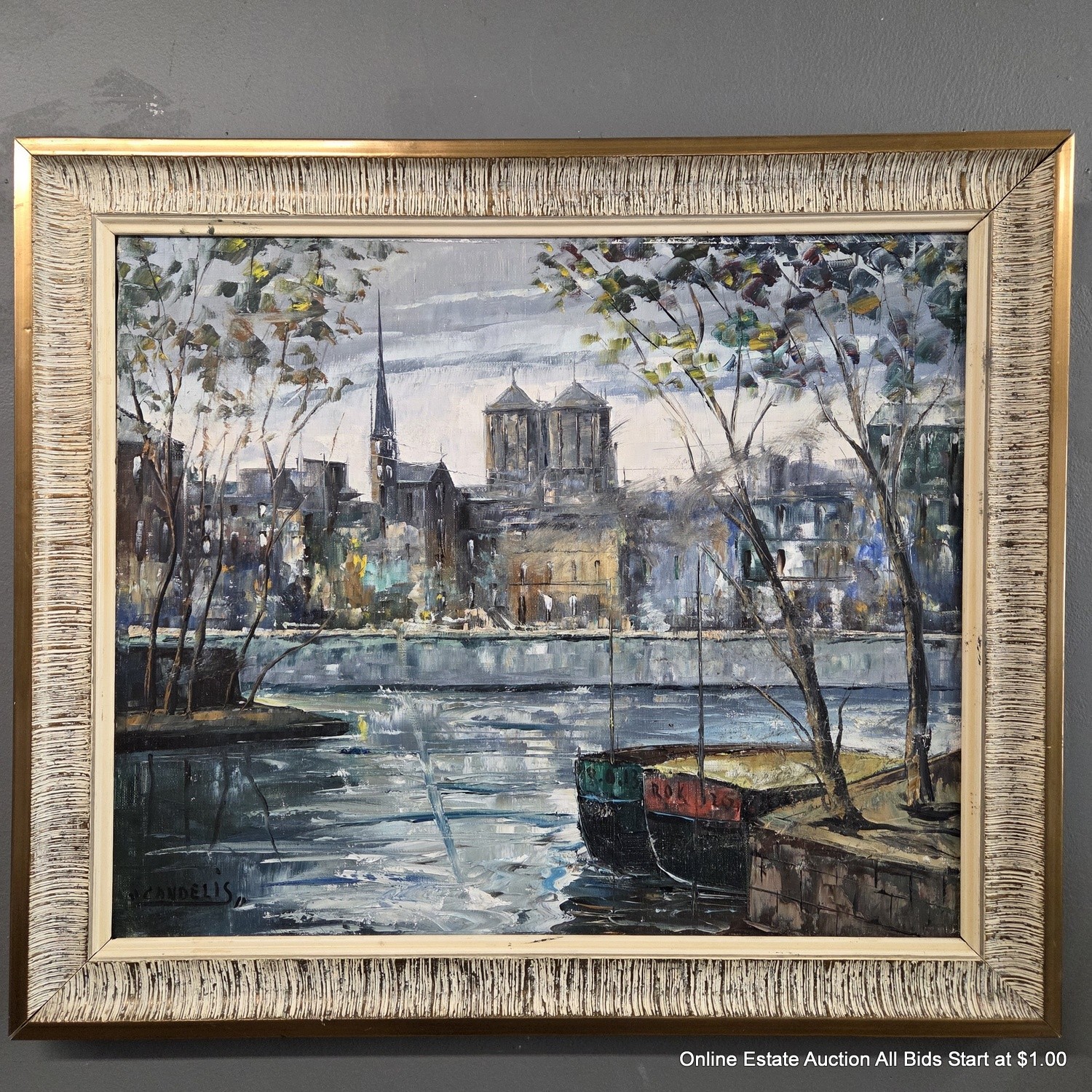 Gay Candelis Signed Original Oil Painting On Canvas Of City Waterfront ...