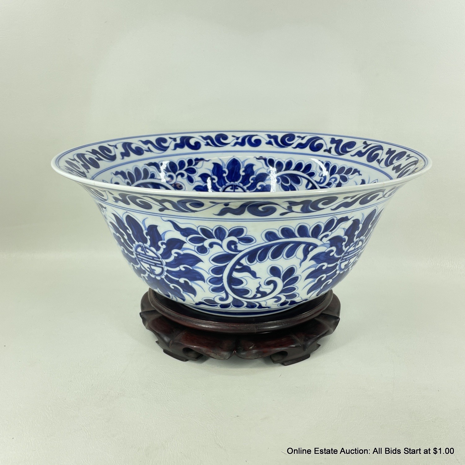 Blue & White Porcelain Bowl With Wood Pedestal (LOCAL PICK UP ONLY ...