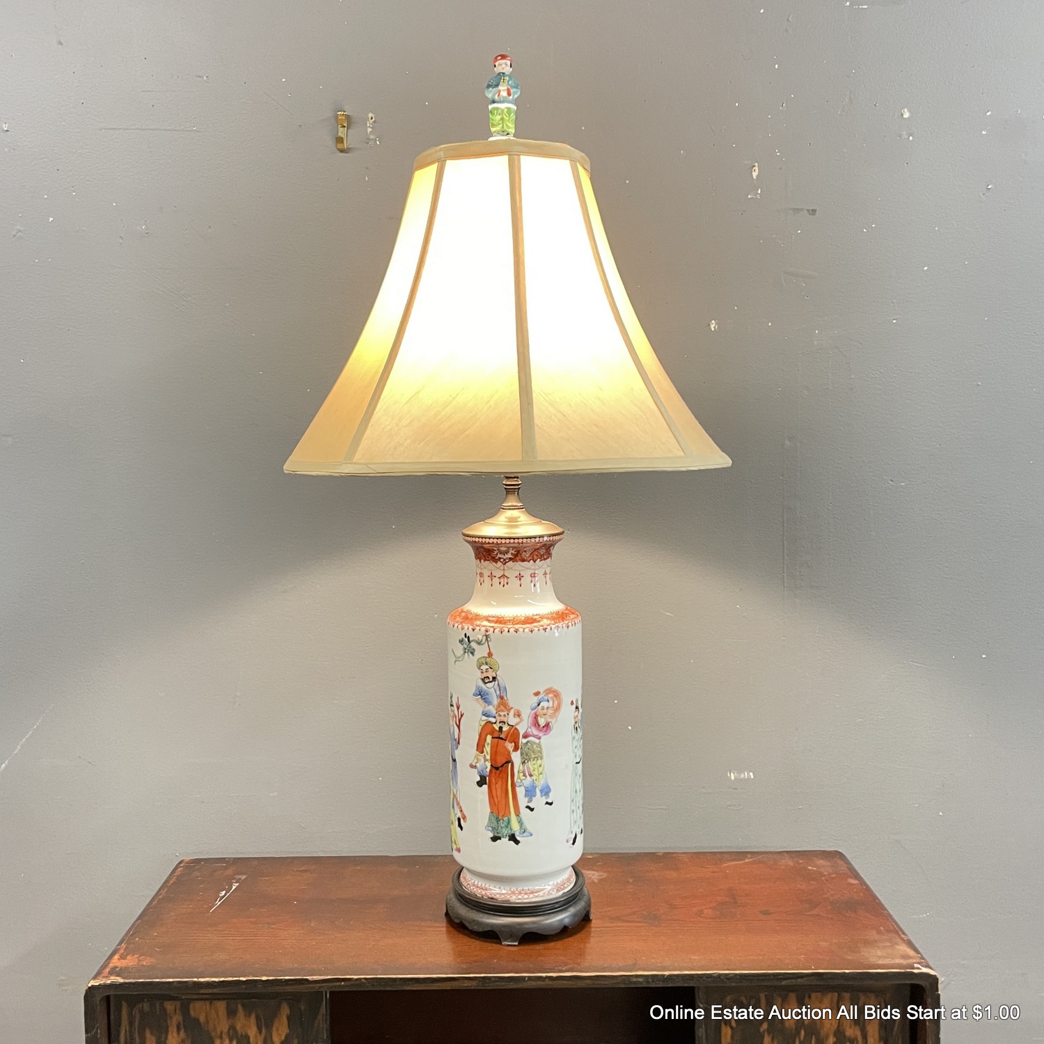 Porcelain Chinese Lamp With Figural Finial & Silk Shade 32" (LOCAL PICK ...
