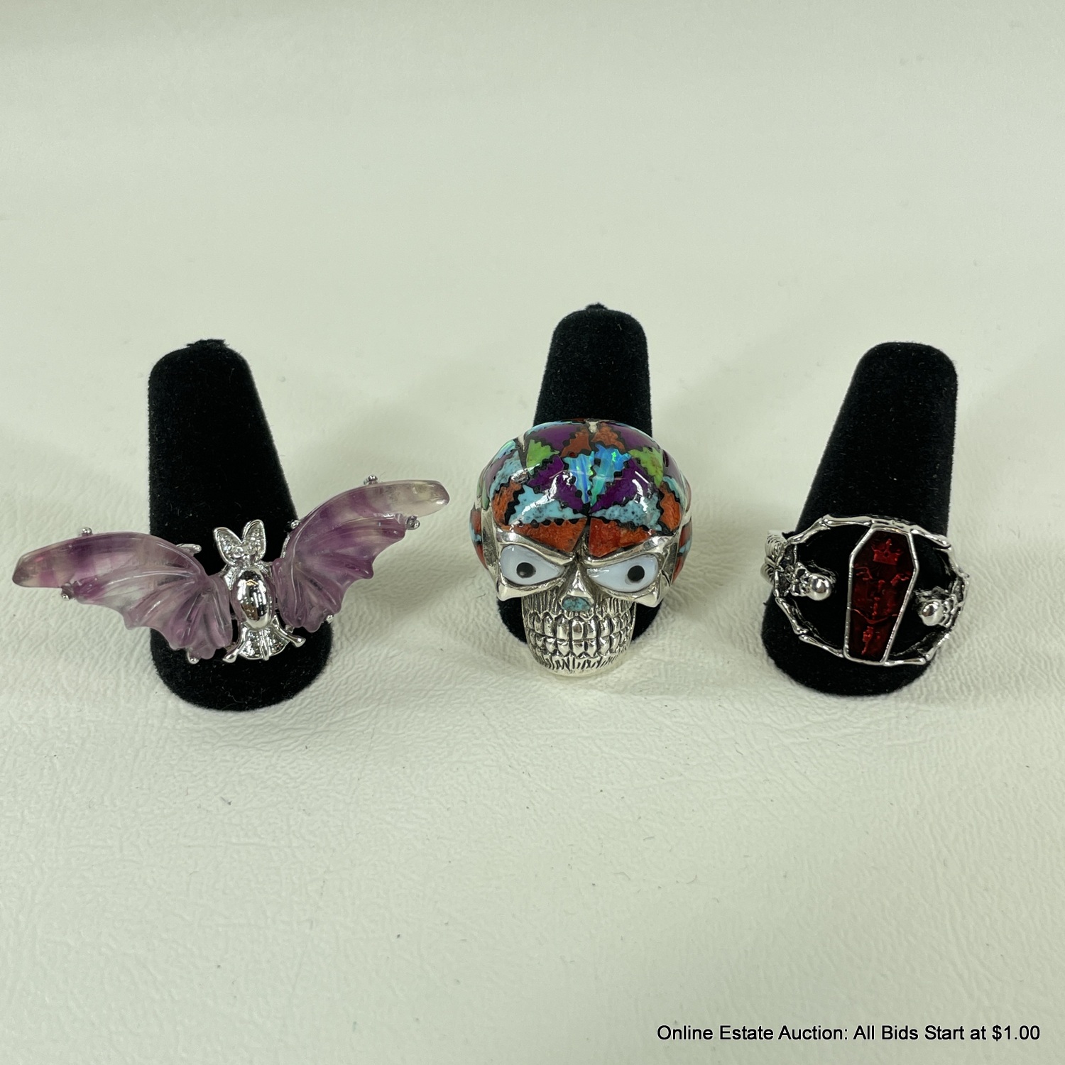 3 Spooky Rings Skull Ring Is Marked 925 Bat Is Adjustable #27395 ...