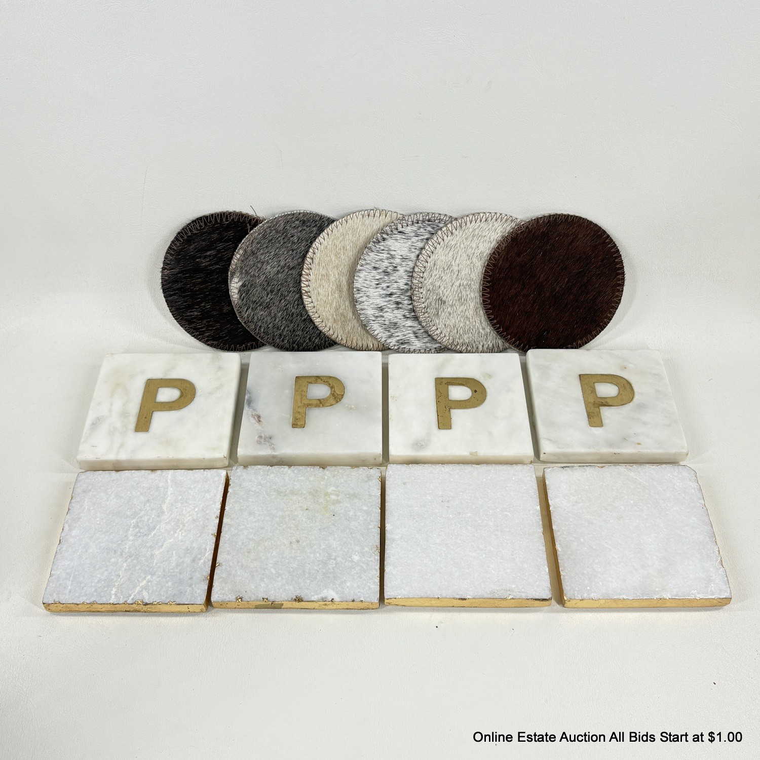 Lot Of Marble And Quartz Stone And Cow Hide Quartz Coasters, 4 With ...