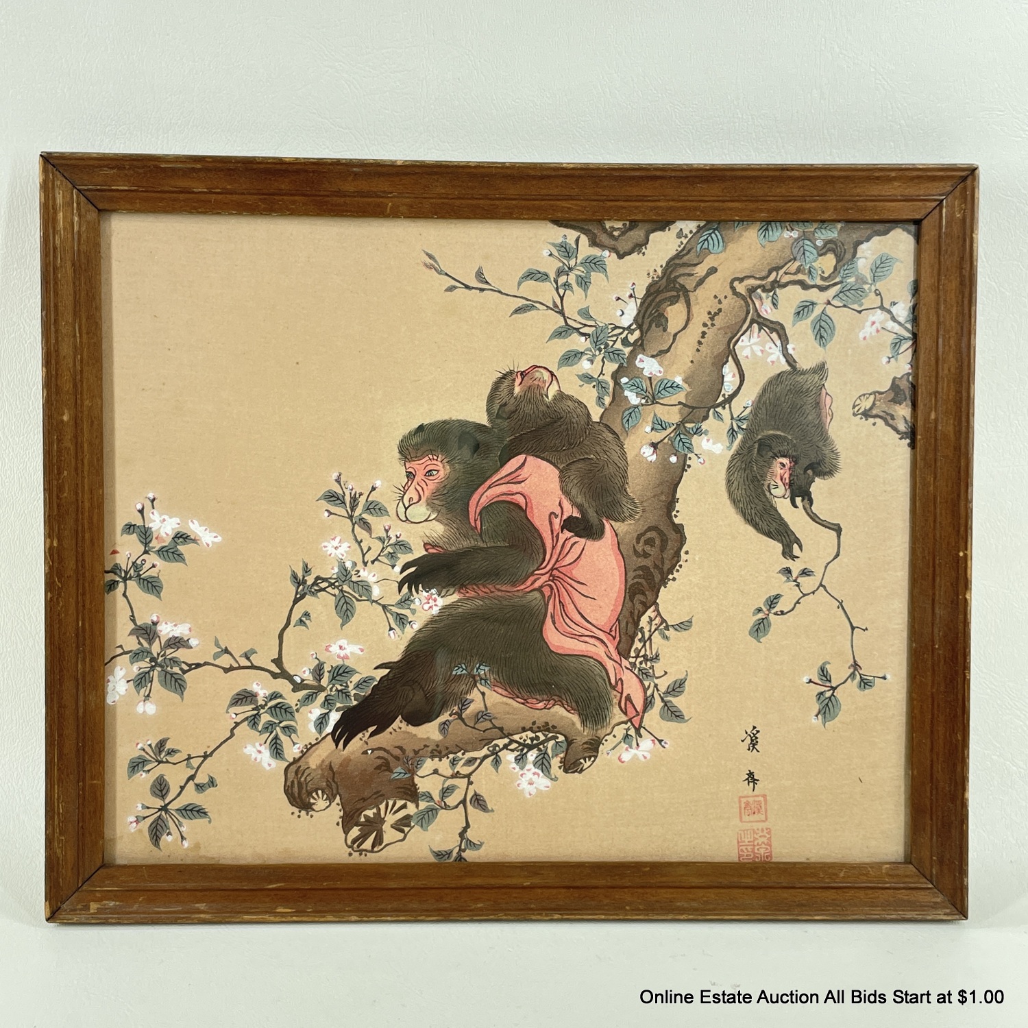 Original Japanese Block Print With Watercolor Of Monkeys In Cherry Tree ...