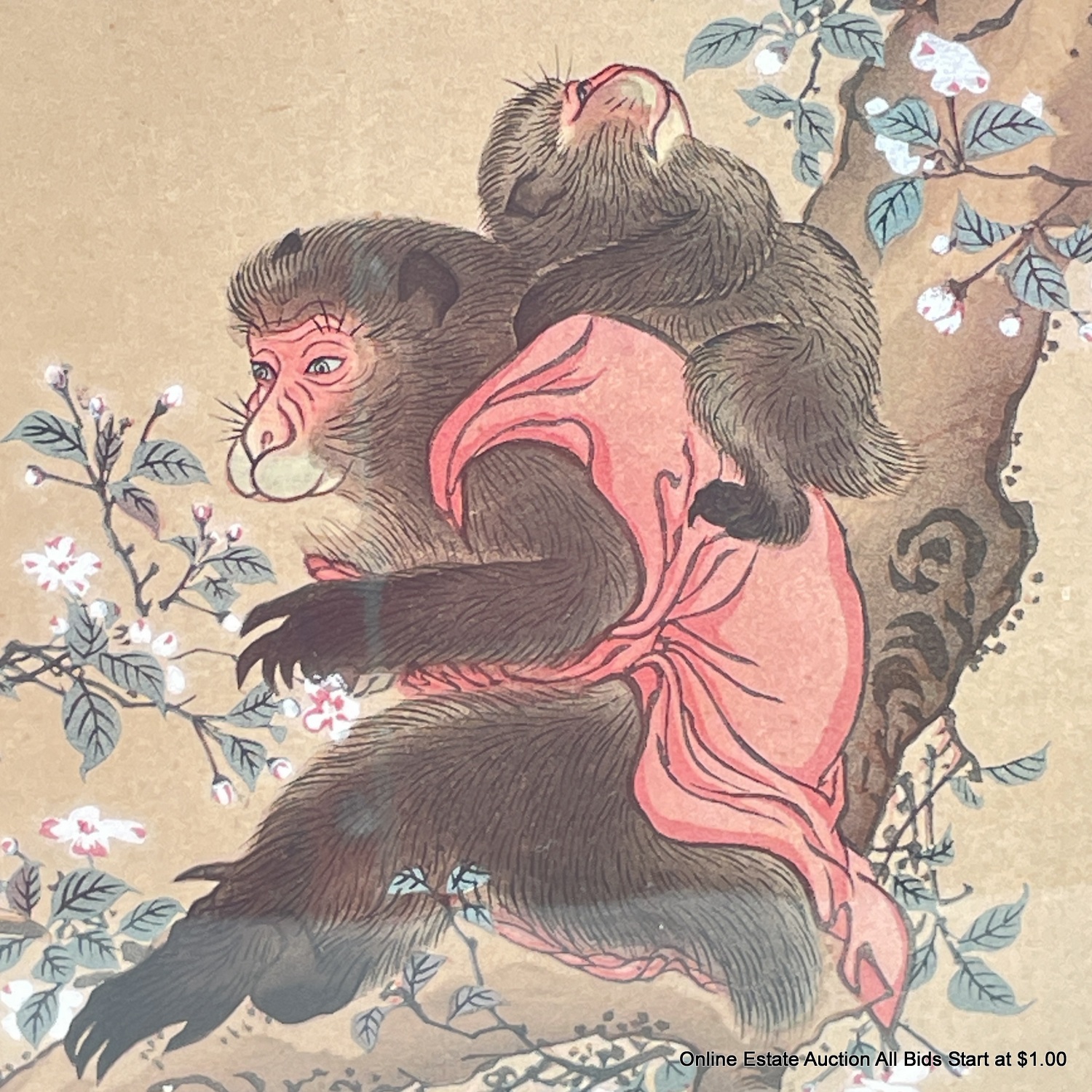 Original Japanese Block Print With Watercolor Of Monkeys In Cherry Tree ...