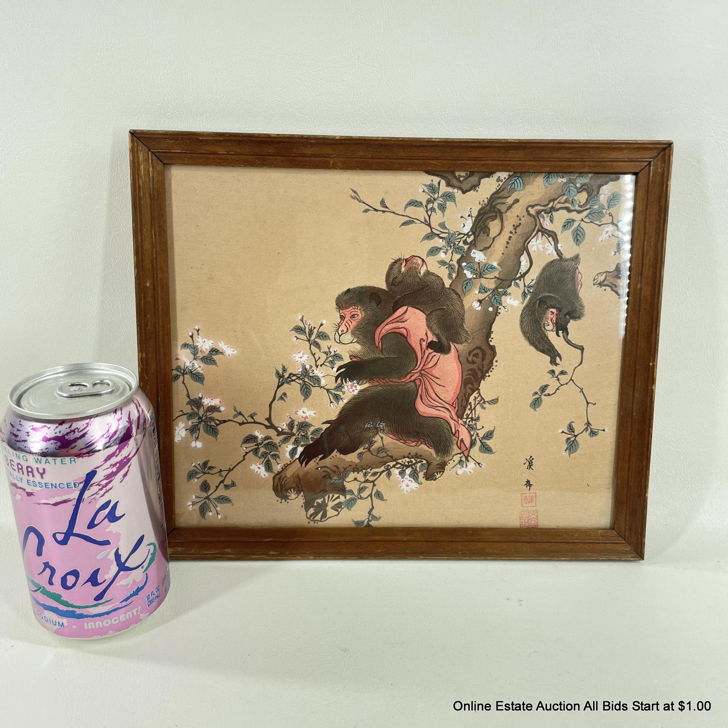 Original Japanese Block Print With Watercolor Of Monkeys In Cherry Tree ...