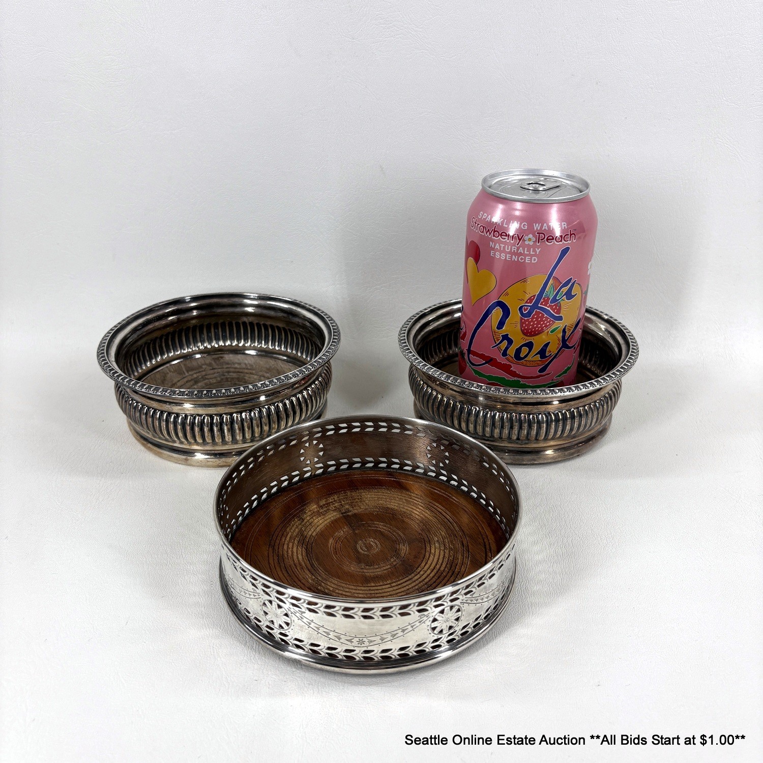 3 Vintage Wood-Bottoms Wine Coasters Including Stieff Silverplate ...