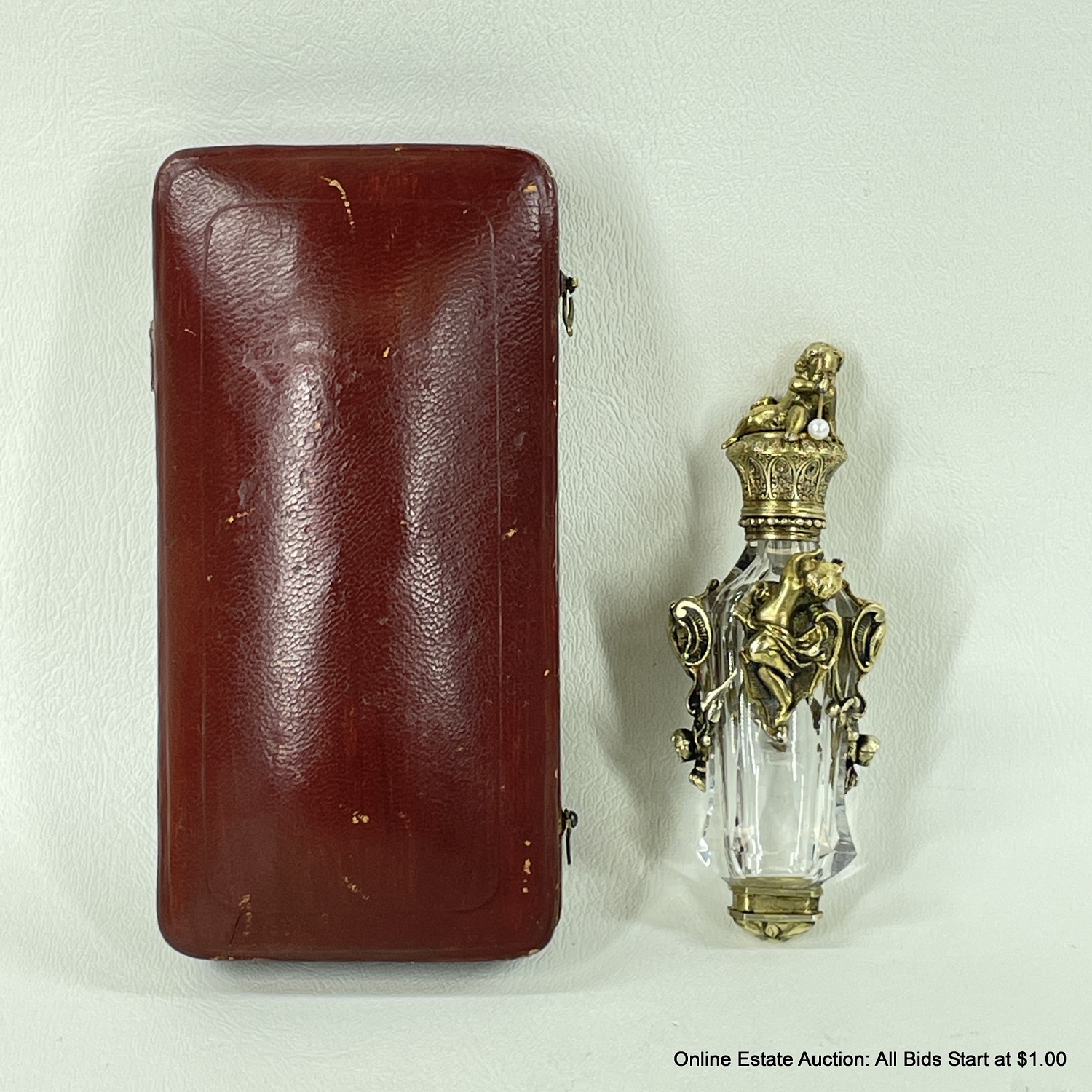 French Antique 14K Yellow Gold Crystal & Pearl Perfume Bottle In Fitted ...