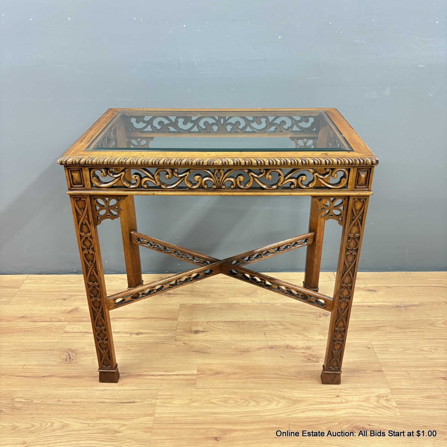 Vintage Chinese Chippendale Style Fretwork Side Table With Beveled ...