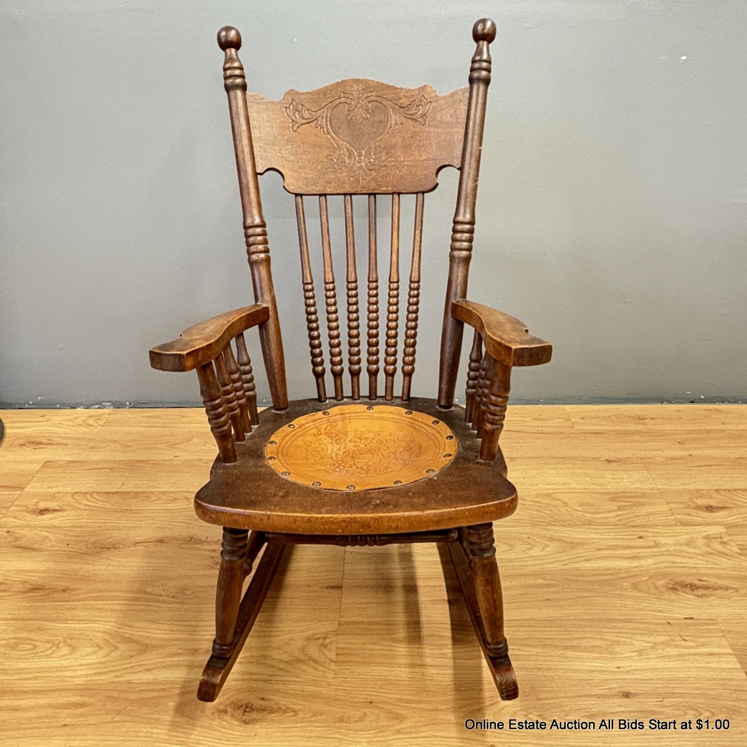 Vintage Wooden Child's Rocking Chair With Embossed Leather Seat (LOCAL ...