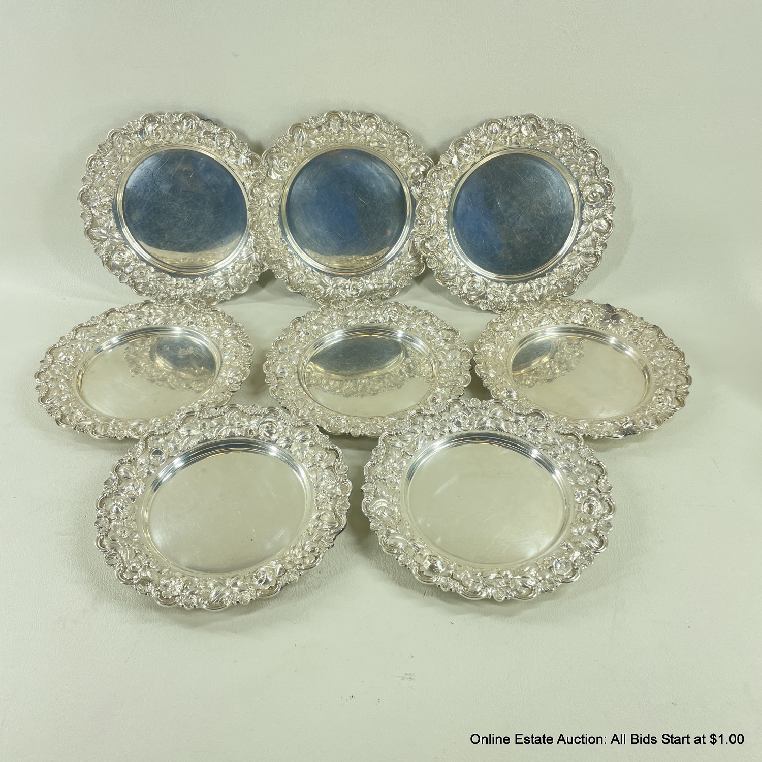Eight Stieff Rose Pattern Sterling Silver 6" Bread Plates Total Weight ...