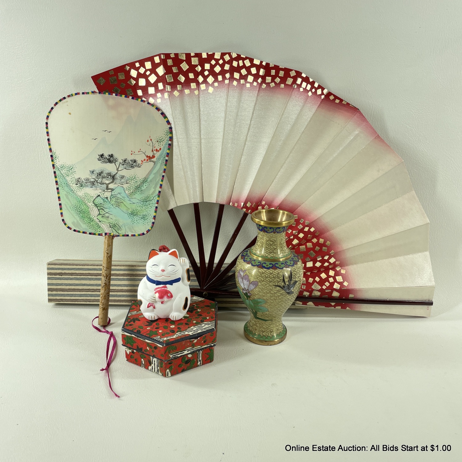 Assorted Chinese Items Including Cloisonne Bud Vase, Painted Silk Fan ...