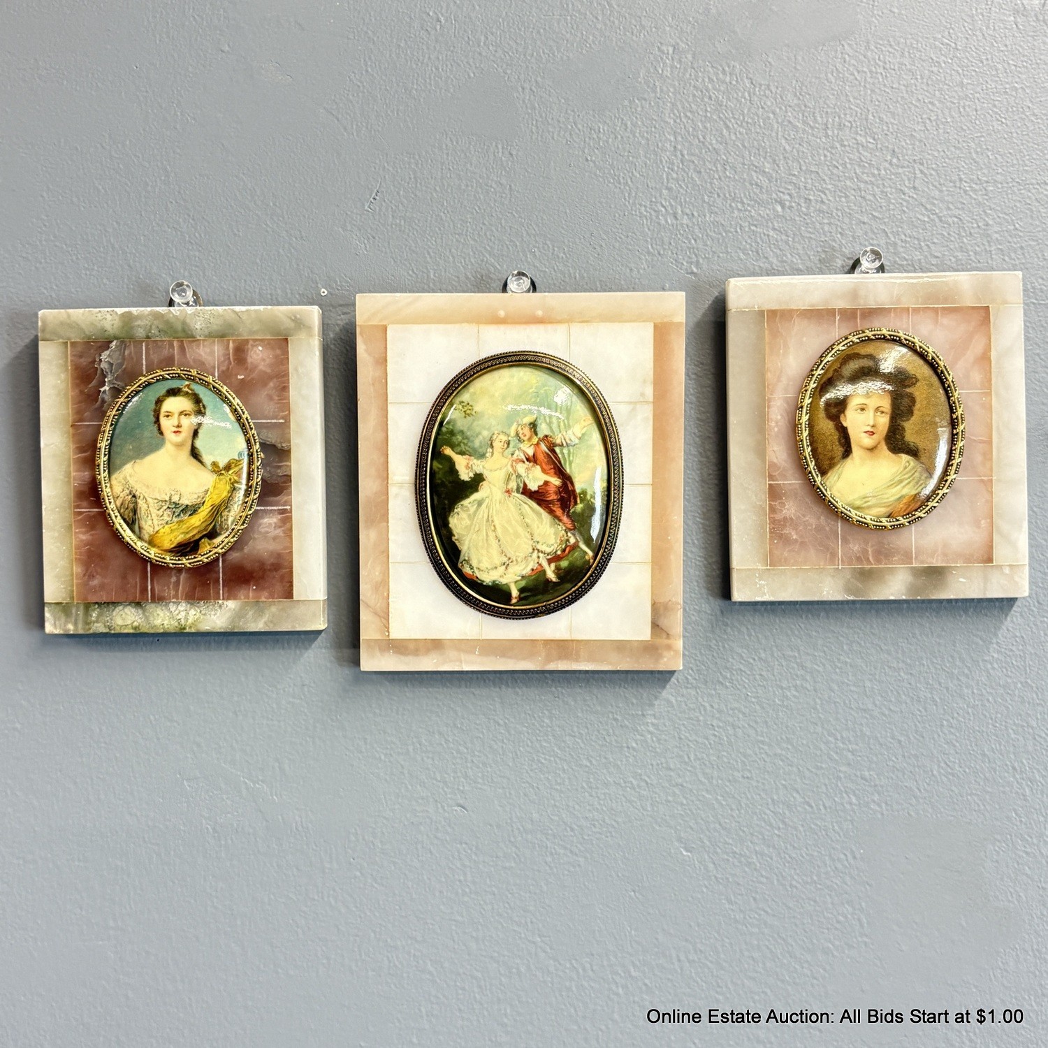 3 Vintage Miniature Portraits Mounted To Polished Stone Tiles Wall ...