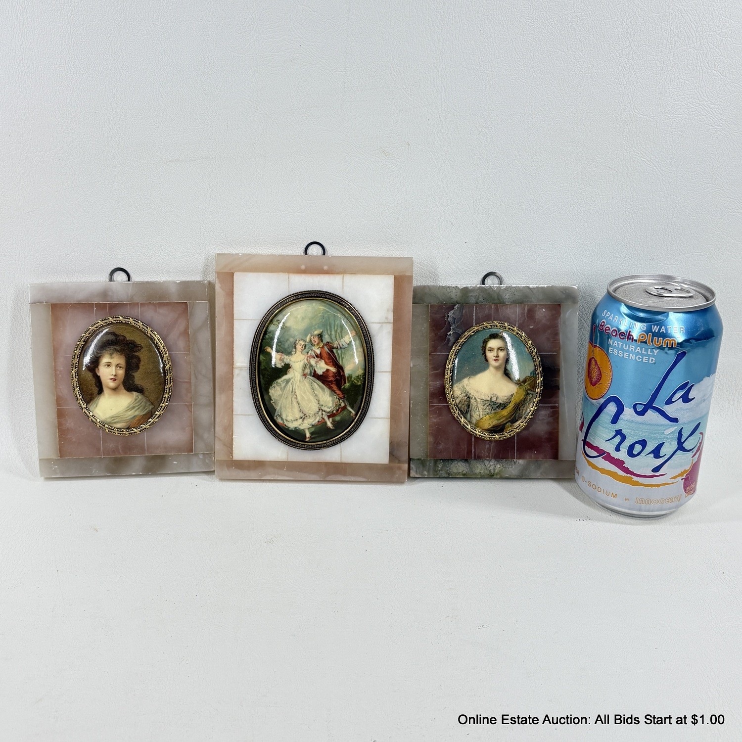 3 Vintage Miniature Portraits Mounted To Polished Stone Tiles Wall ...
