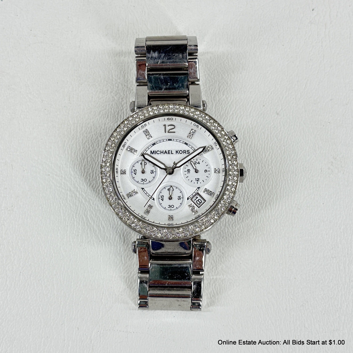 Michael Kors Parker Chronograph Silver Tone Women's Watch #45471 | Auctionninja.com