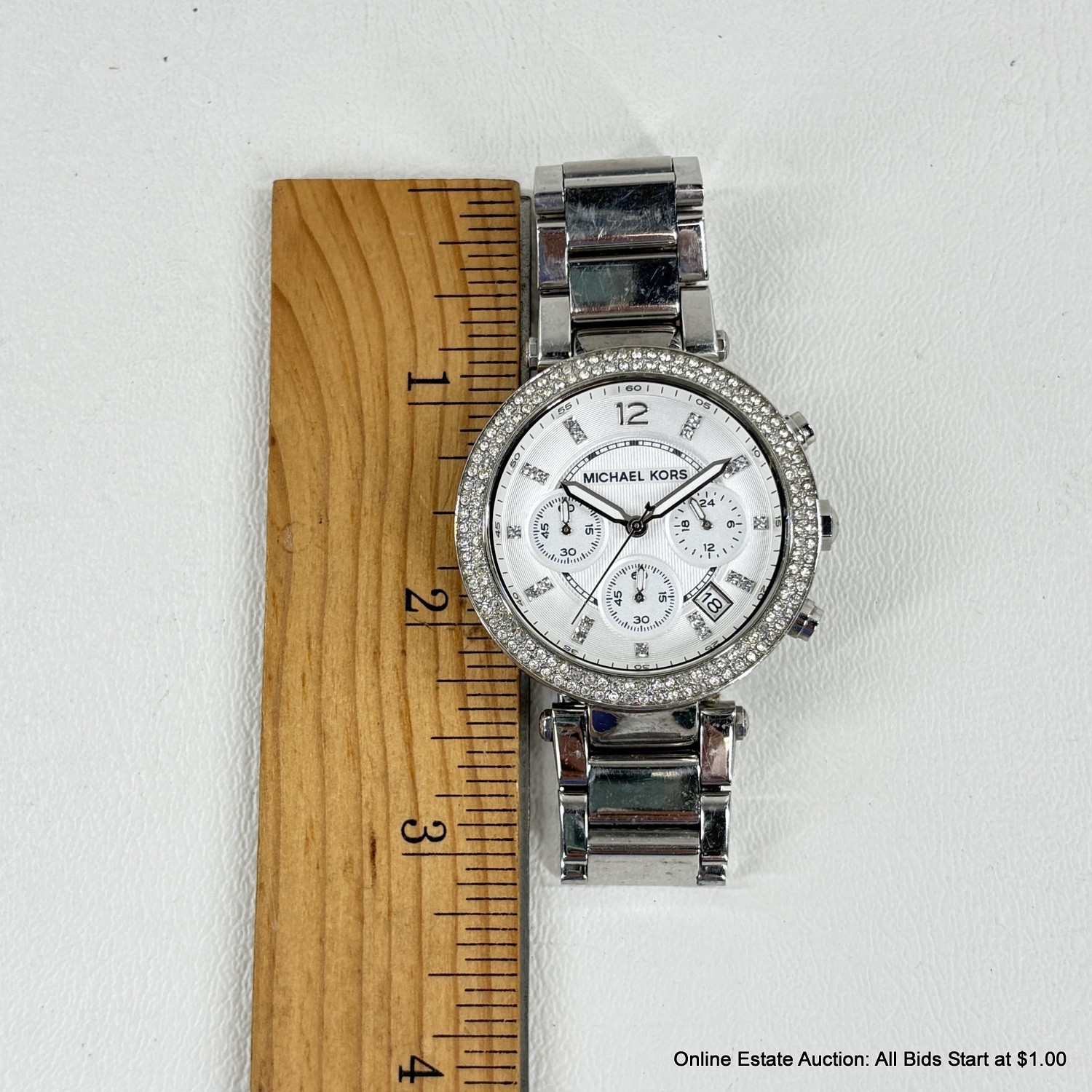 Michael Kors Parker Chronograph Silver Tone Women's Watch #45471 | Auctionninja.com