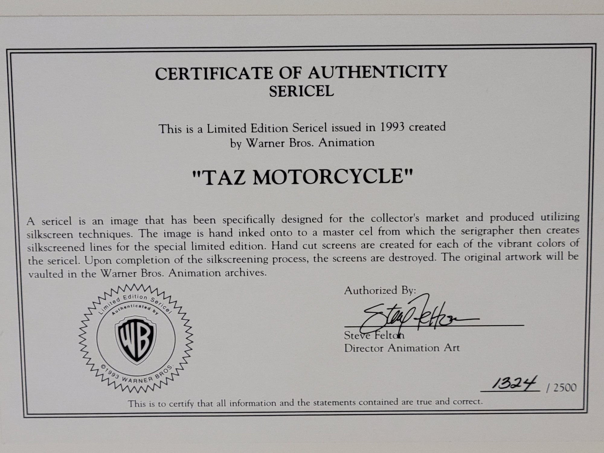 1993 Warner Bros Taz Motorcycle Wall Art COA #29020 | Auctionninja.com
