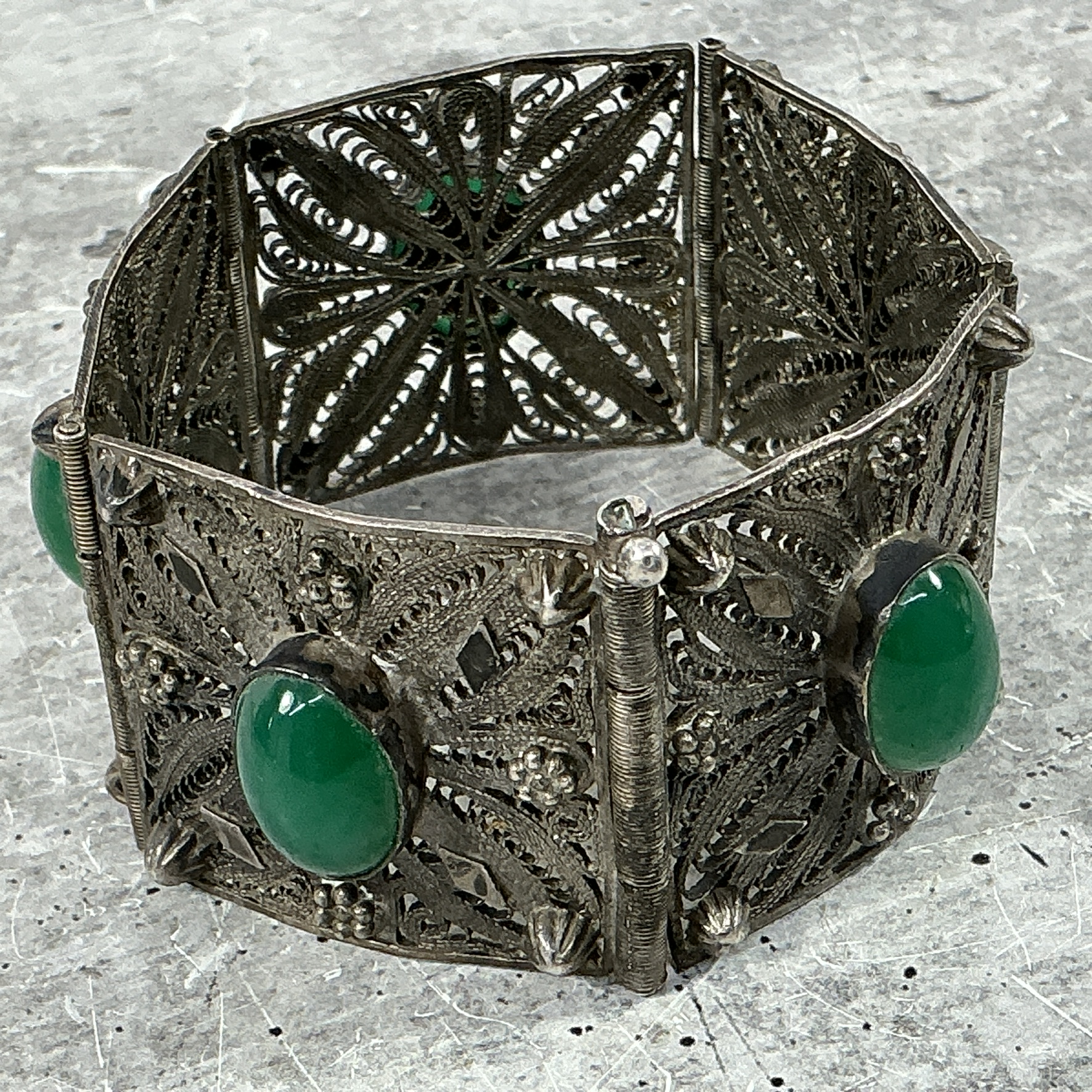 #090 Antique Sterling Silver Chinese Filagree And Jade Wide Bracelet ...