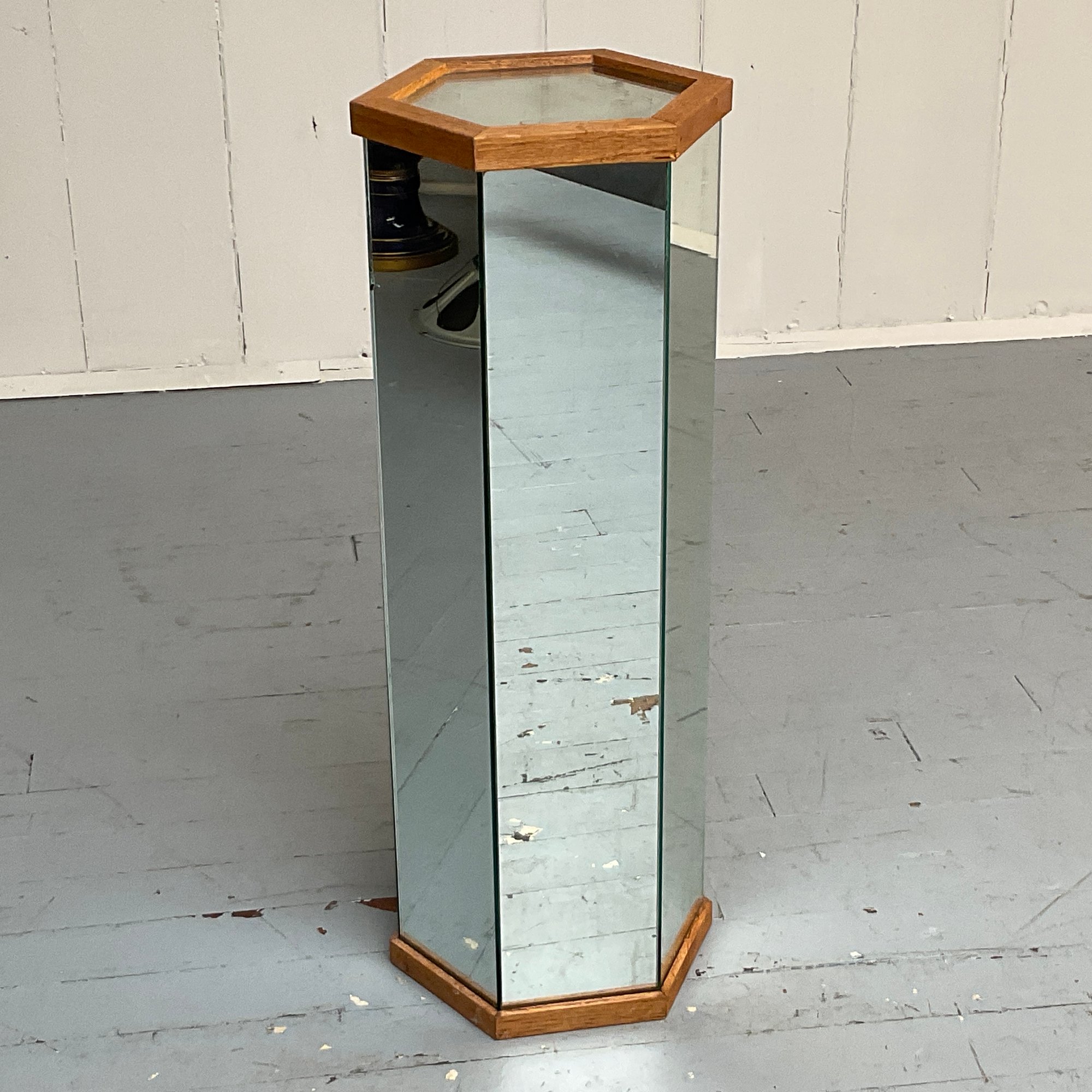 #94F Vintage Mirrored Plant Stand Pillar W/ Oak Trim #4552 ...