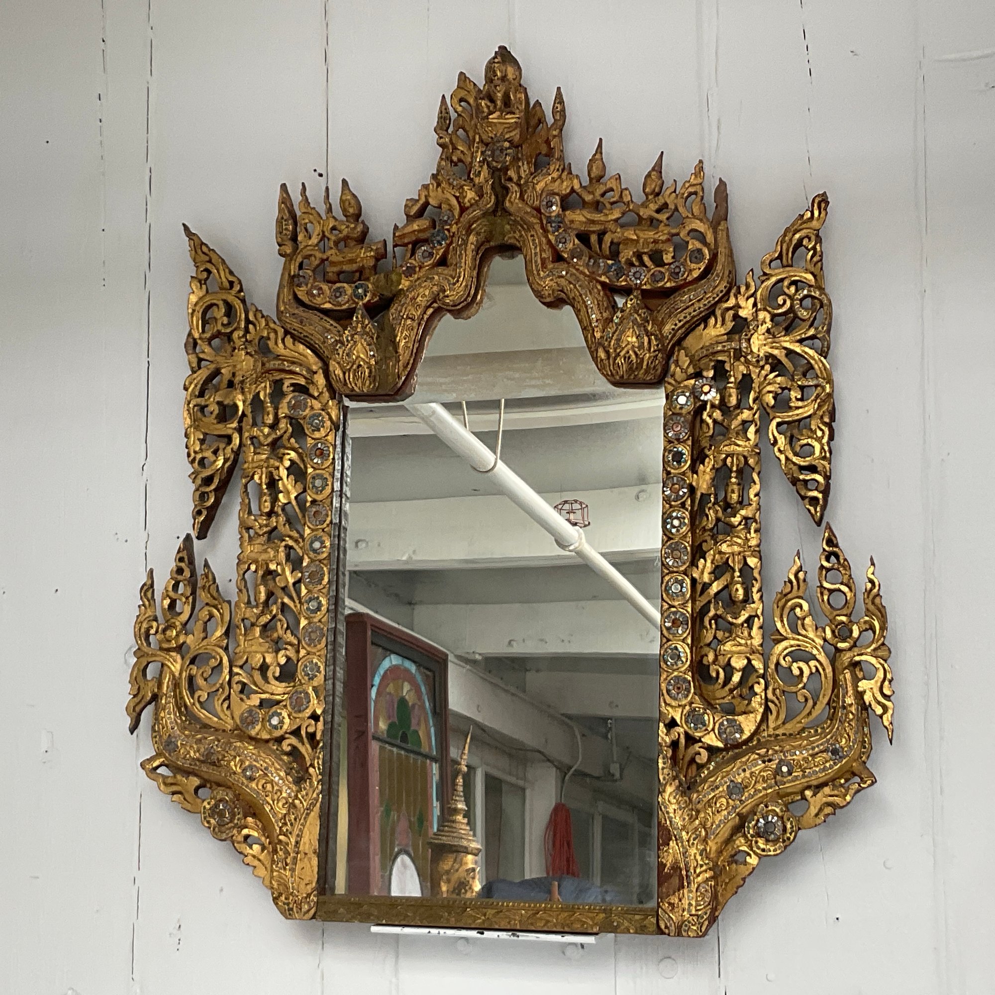 #22F Antique Carved Gilt Thai/ Burmese Wooden Colored Paste Set Mirror ...