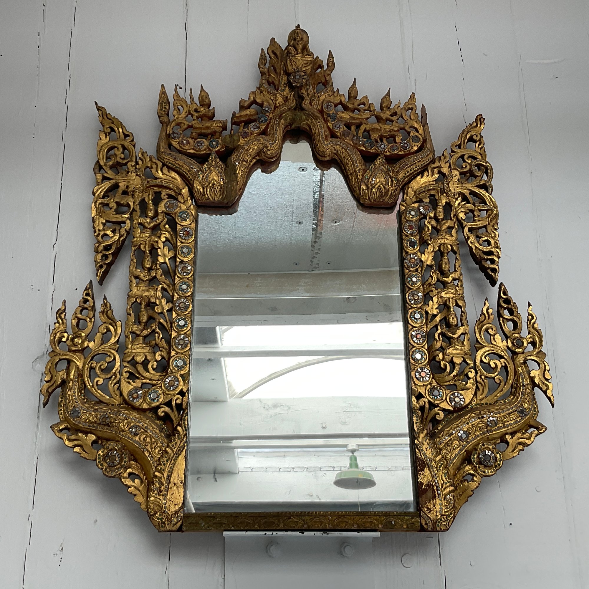 #22F Antique Carved Gilt Thai/ Burmese Wooden Colored Paste Set Mirror ...