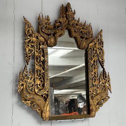 #22F Antique Carved Gilt Thai/ Burmese Wooden Colored Paste Set Mirror ...